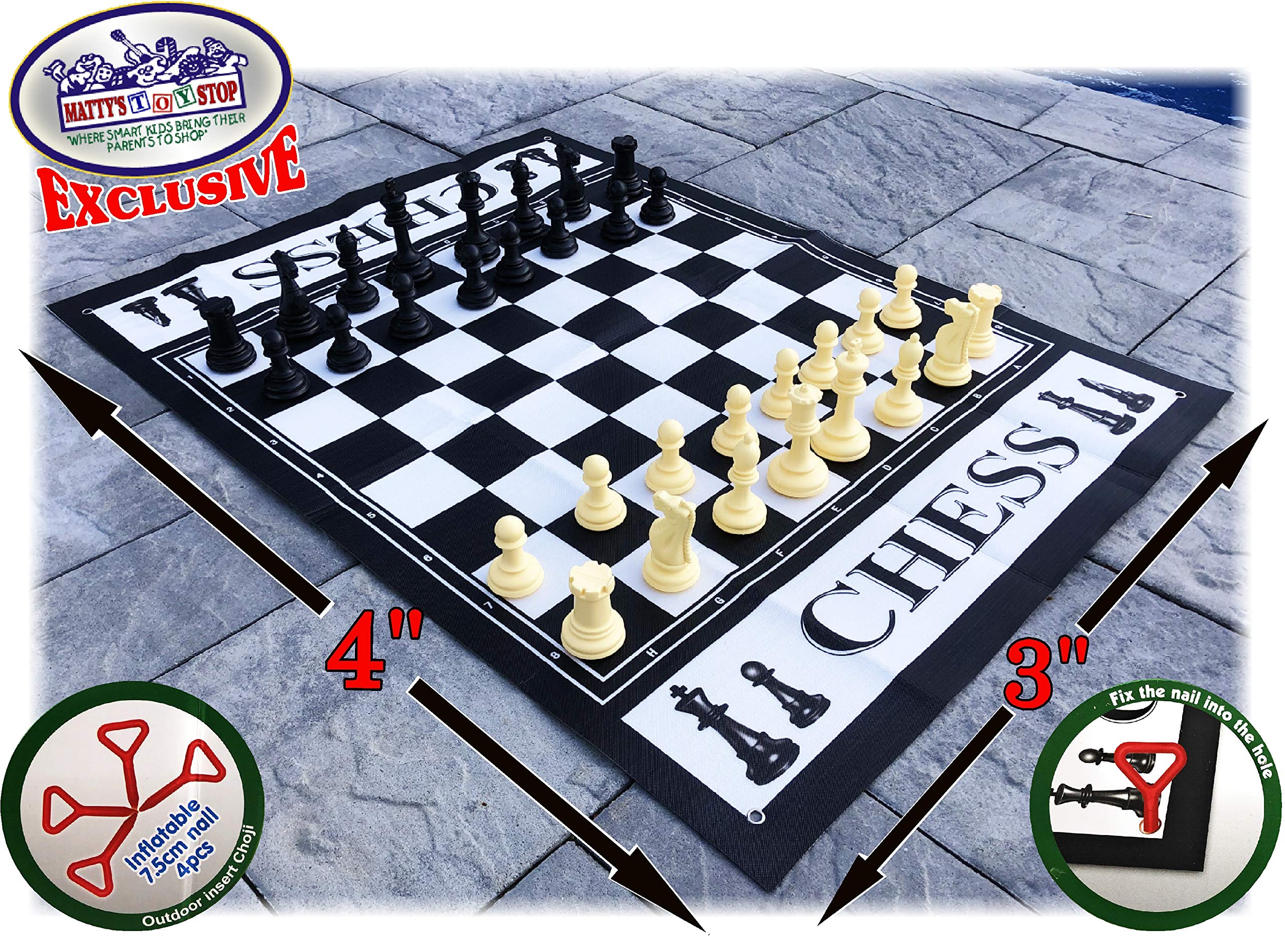 Matty's Toy Stop Deluxe Large Chess (Indoor/Outdoor) Game with 6" King, 4' x 3' Game Mat with with Anchors