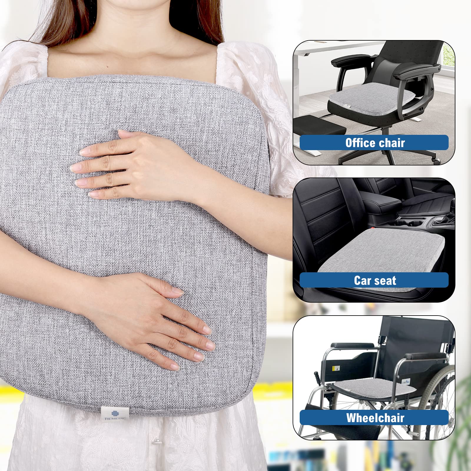 remedic Gel Seat Cushion - Double Thick Incontinence Non-Slip Pad Chair Cushion Breathable Honeycomb Pressure Wheel Design Moisture Proof Machine Washable Fabric Cover Grey