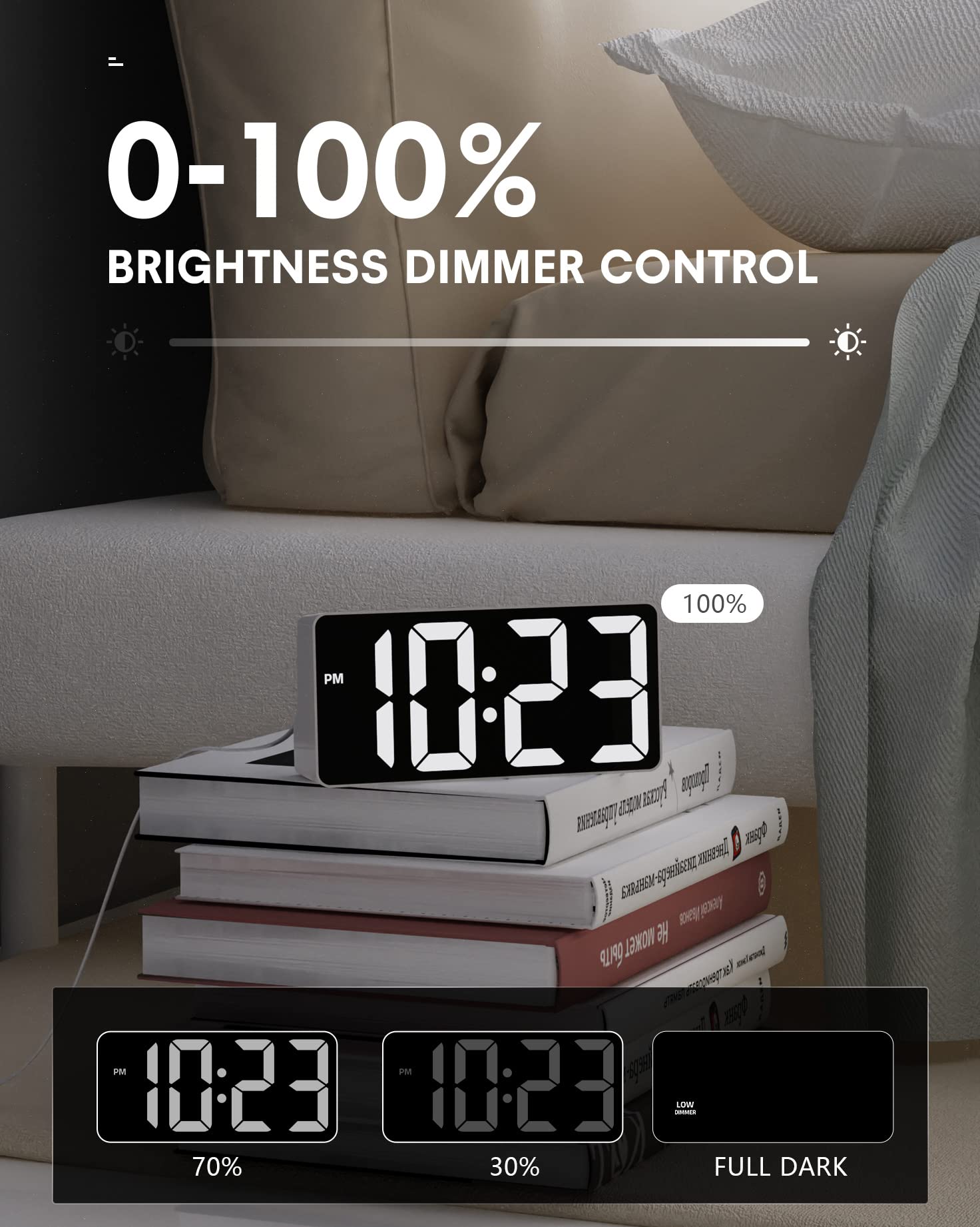 Mesqool Digital Alarm Clock for Bedroom, White, 7-Inch Screen, Adjustable Brightness, Loud Alarm, USB Charger, 12H/24H Time Format, Night Light, Dual Alarms, 18-Month Warranty