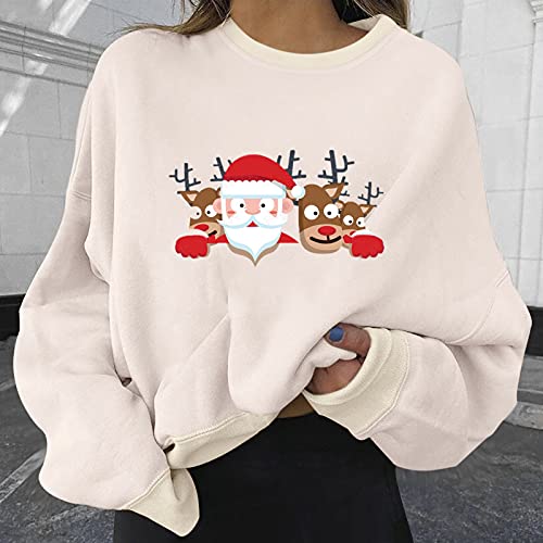 Women Hoodies Graphic Christmas Print Pullover Long Sleeve Sweatshirts Warm Breathable Tunic Tops Christmas Tops Beige