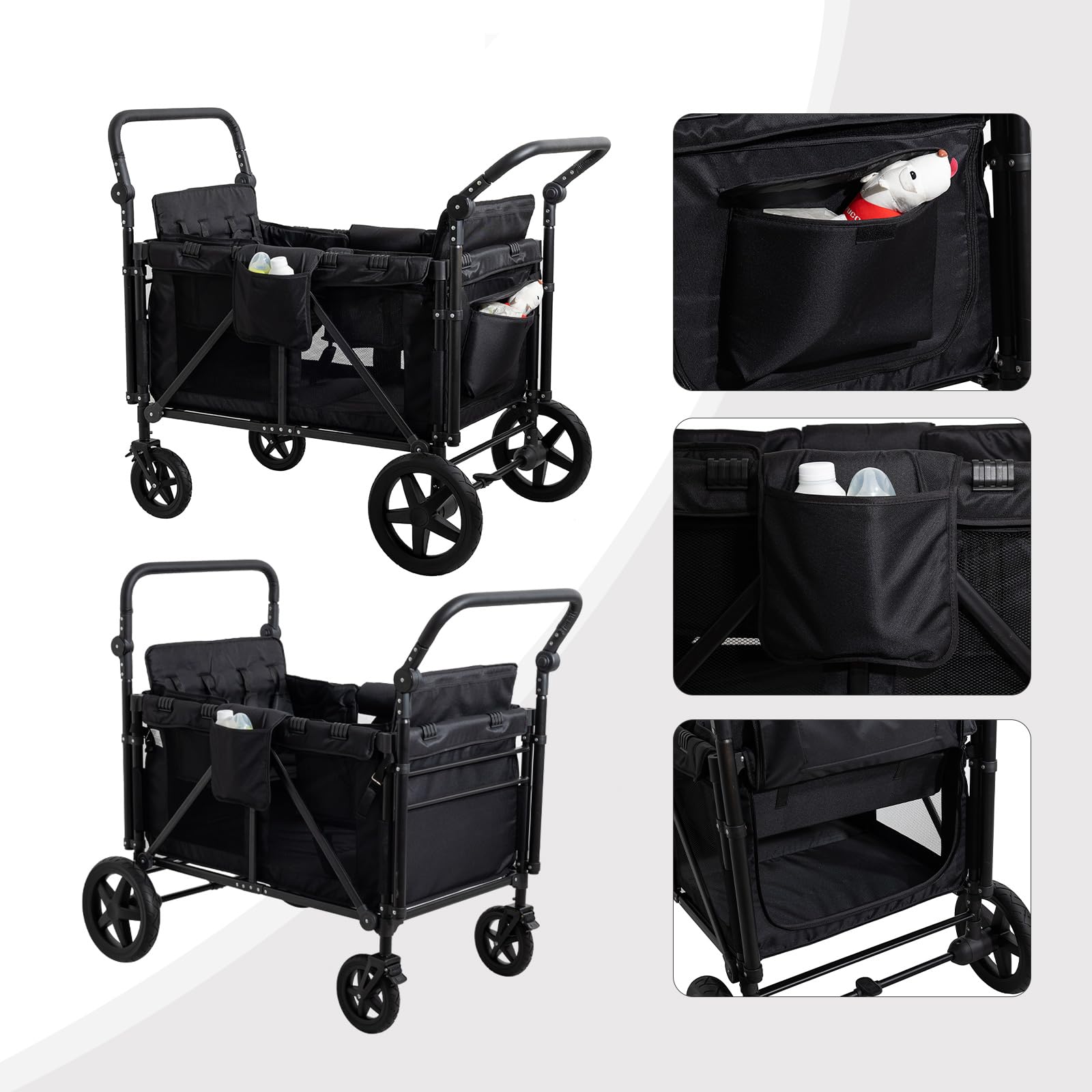 Luxury Tandem Stroller Wagon Stroller Folding Wagon Push-Pull Stroller Four-Wheel Trolley for 4 Kids with 5-Point Harnesses Safety Belt,Detachable Seats,Removable Canopy,Double Push bar for 1-5y+