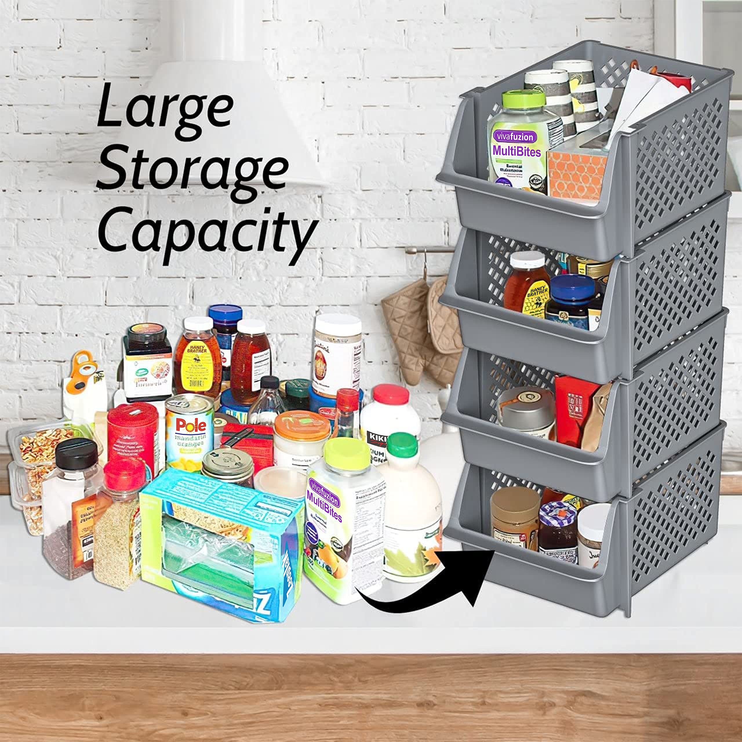 Skywin Stackable Storage Bins for Pantry - 8 Pack Stackable Bins For Organizing Food, Kitchen, and Bathroom Essentials (Grey)