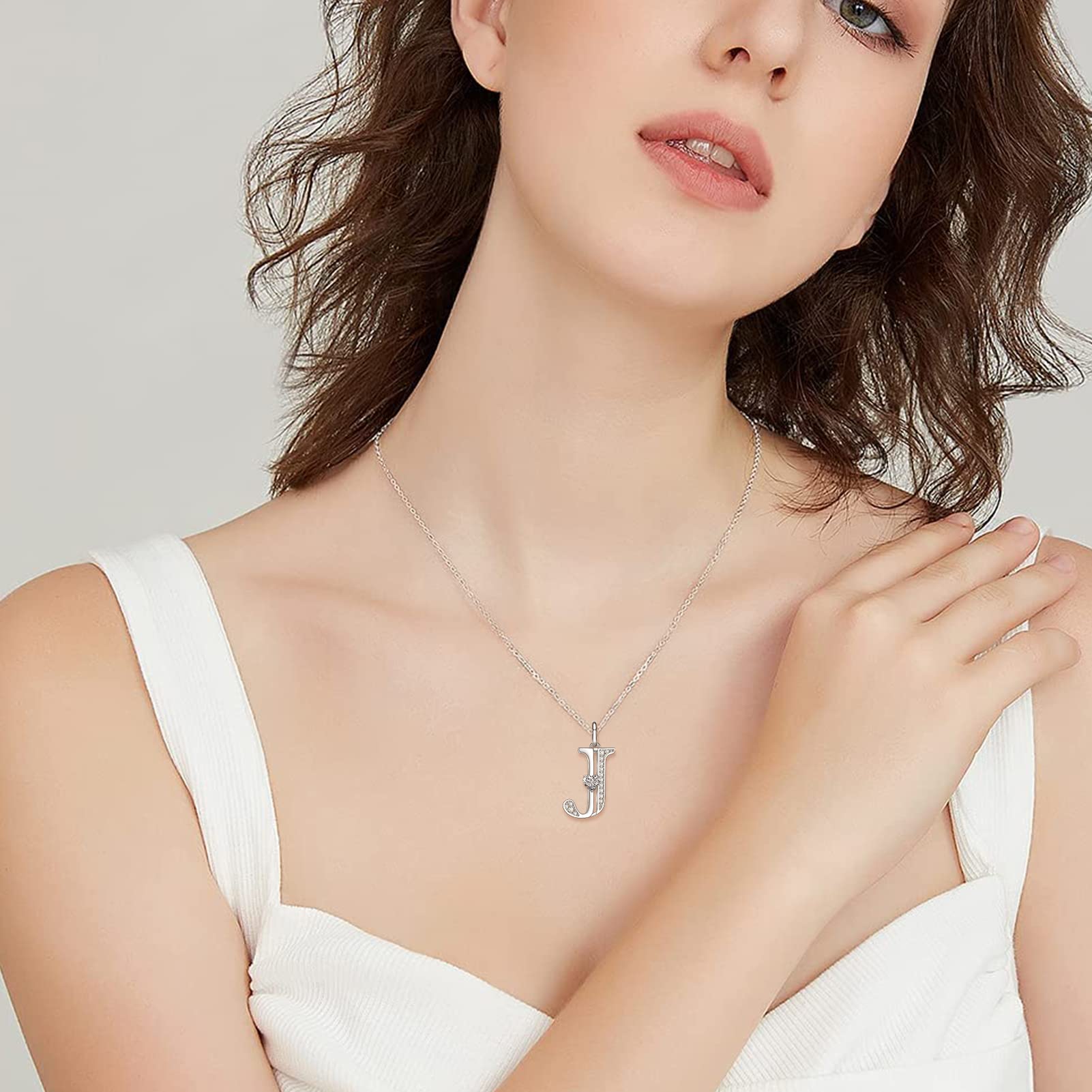 Sianilvera Jewelry Sterling Silver Initial Letter Alphabet Love Heart Cubic Zirconia Pendant Necklace J