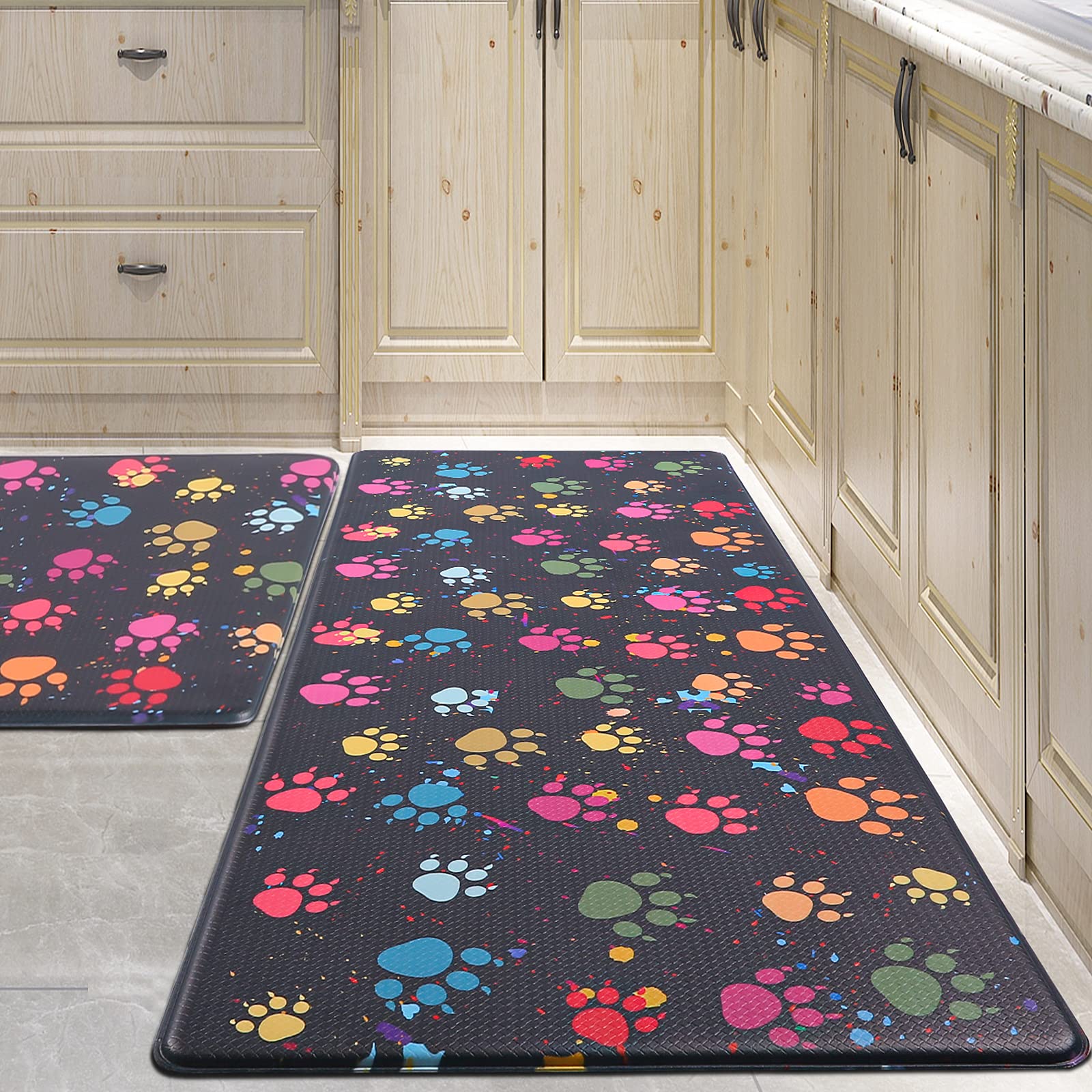 PCSWEET HOME Kitchen Mats 2 PCS,Cushioned Anti Fatigue Kitchen Mats for Floor,Non Slip Waterproof Kitchen Rug Ergonomic Comfort Standing Mat for Kitchen,Office,Sink,Laundry,Colorful Paws (Multicolor)