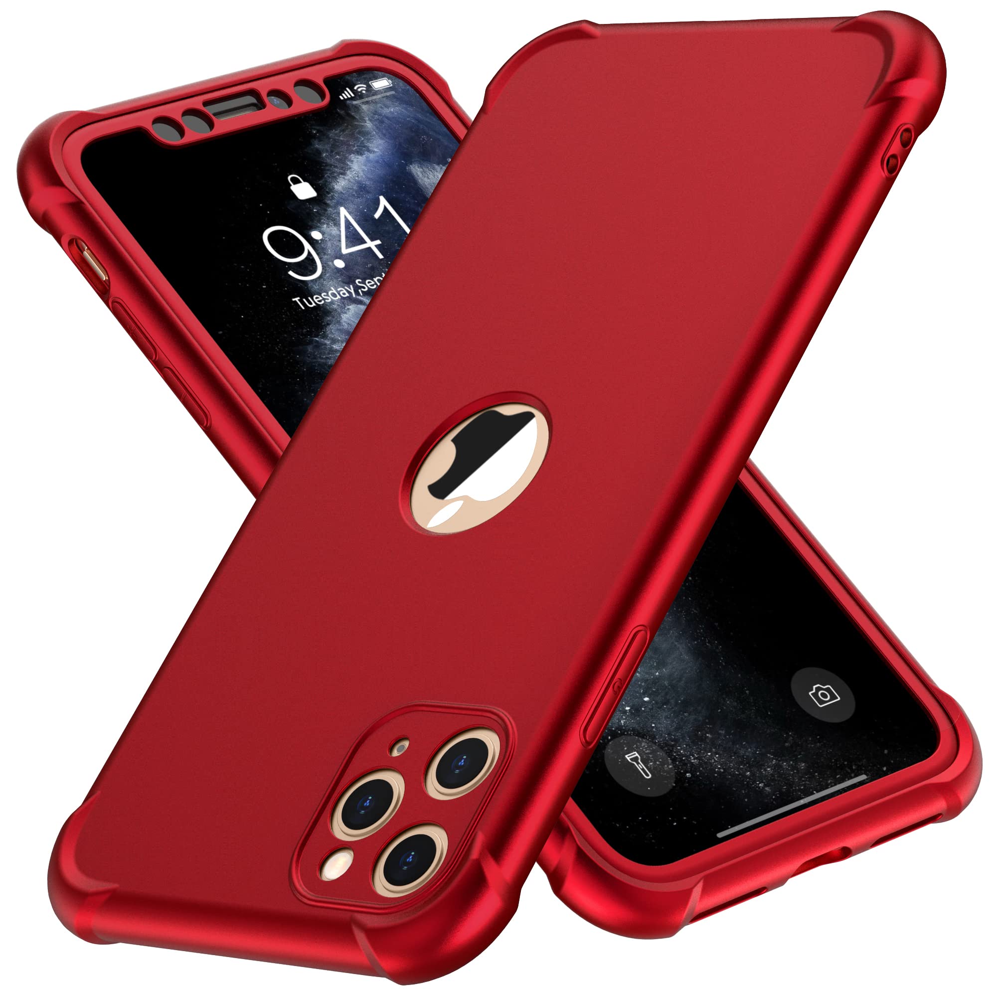 ORETECH iPhone 11 Pro Max Case, 360 Full Body Protection [2 x Tempered Glass Screen Protector], Hard PC & Soft Rubber Silicone Cover - 6.5" Red