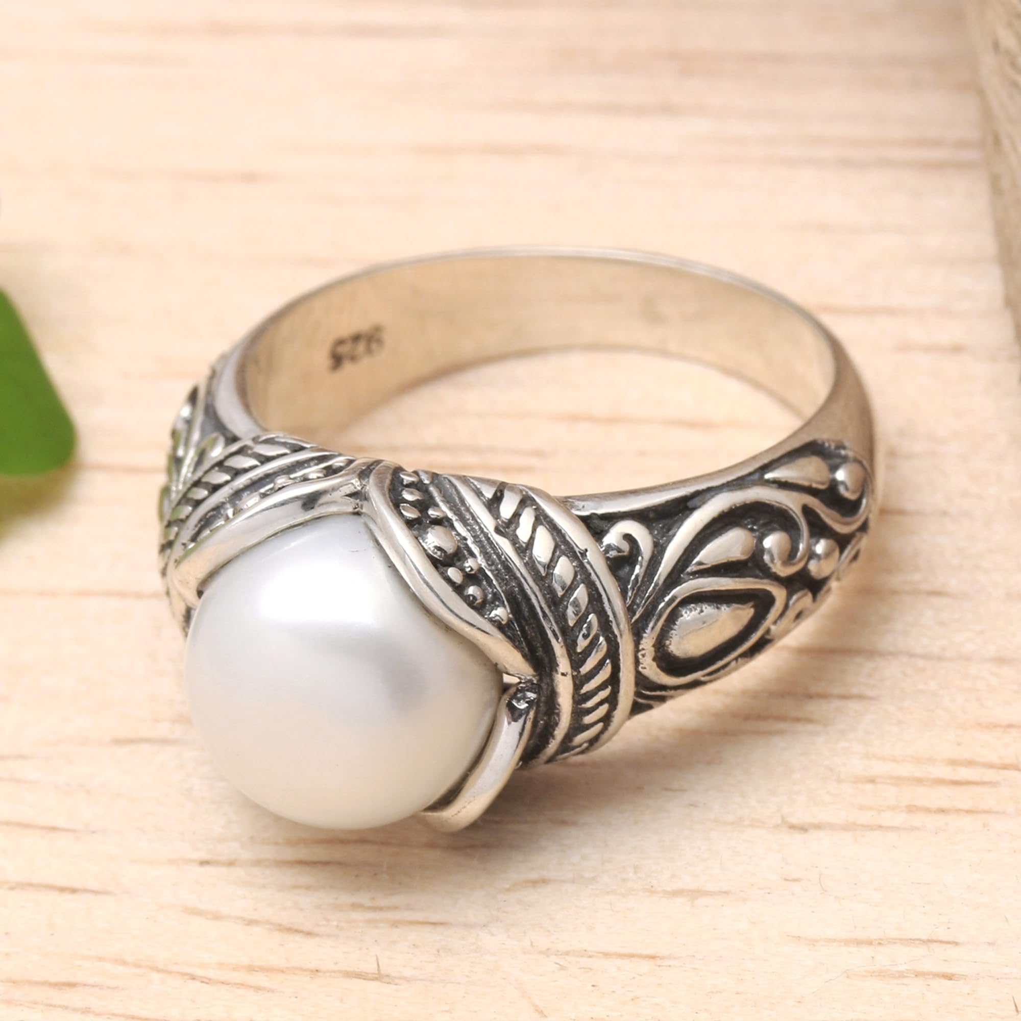 NOVICA Artisan Handmade Cultured Pearl Cocktail Ring Balinese Sterling Silver Women's White Single Stone Indonesia Birthstone [ring Front 0.4 in L x 0.4 in W x 0.4 in H Band Width 3 mm W] ' Luminous