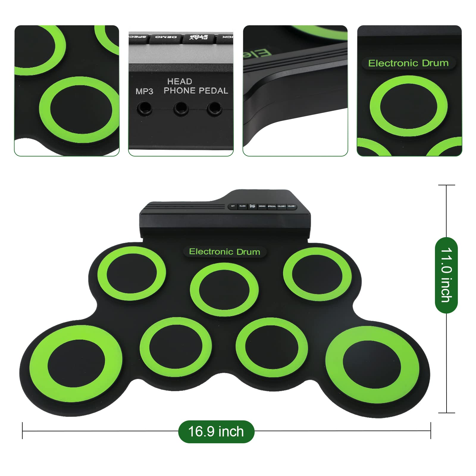 Topoworl Electronic Drum Set Practice Drum Pad Portable Electronic Drum Pads Portable Silicone Beginners Electric Drum Set Percussion Instrument Black