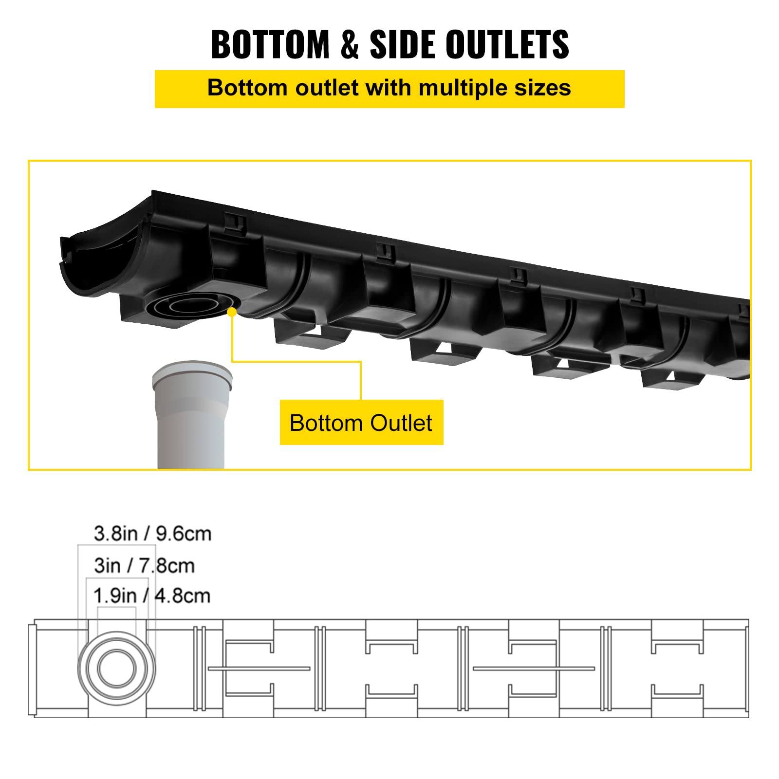 VEVOR Trench Drain System, Channel Drain with Plastic Grate, 5.7x3.1-Inch HDPE Drainage Trench, Black Plastic Garage Floor Drain, 6x39 Trench Drain Grate, with 6 End Caps, for Garden, Driveway-6 Pack