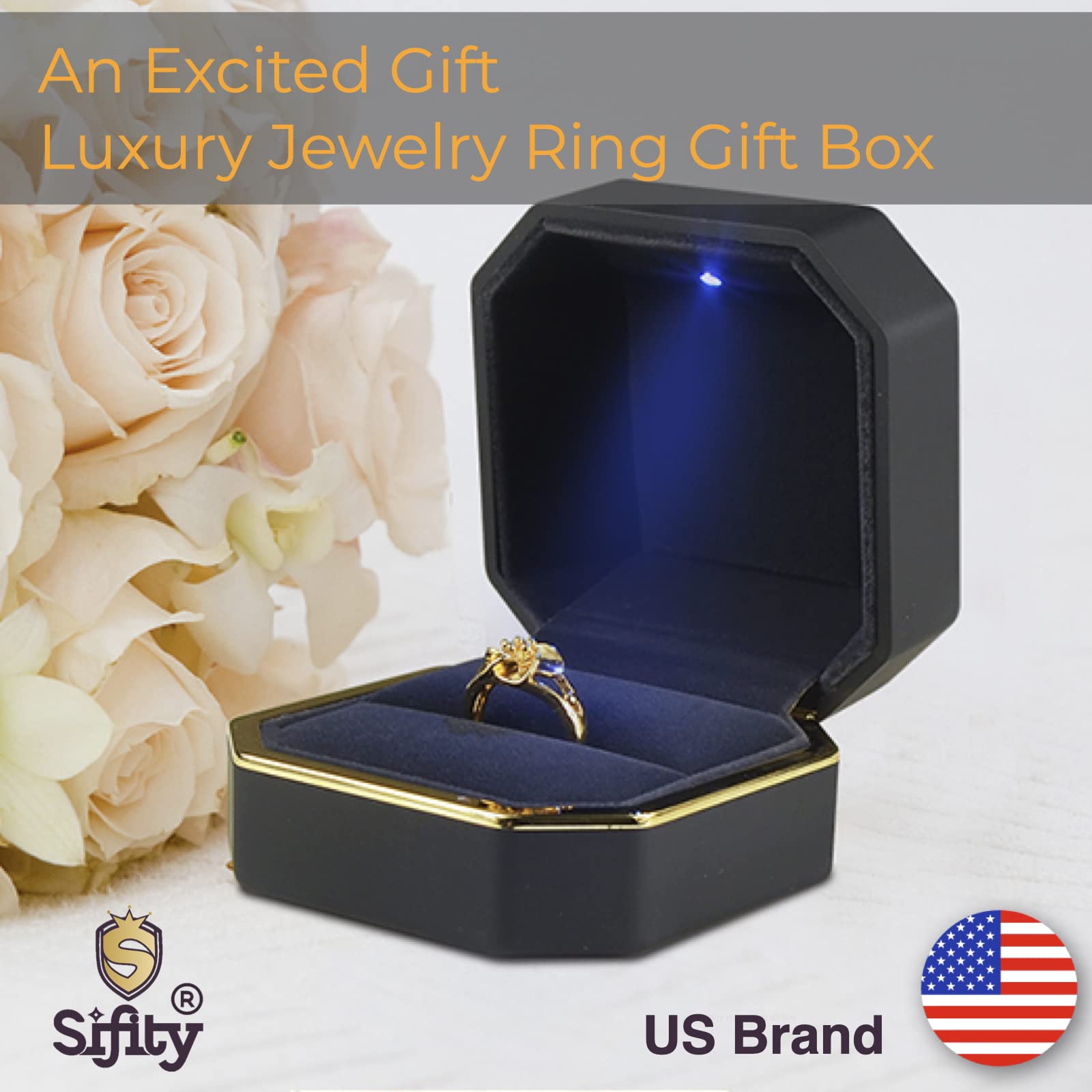 Sifity Open Link Pearl Simulated Diamond Ring for Women 18K Gold Plated 2023 Fashion Trendy Rings Stackable | Anillos Para Mujer (Blue Gift Box with LED Light)