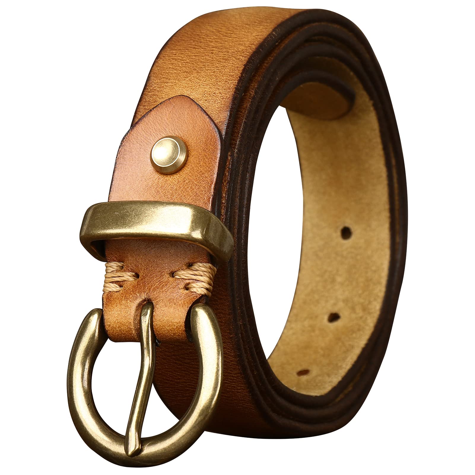 TYWestyles Womens Belt for Jeans Genuine Leather Belt Vintage Solid Brass Circle buckle Gift Box Packaging (Tan-1, Fit Waist 30（Pants 4)