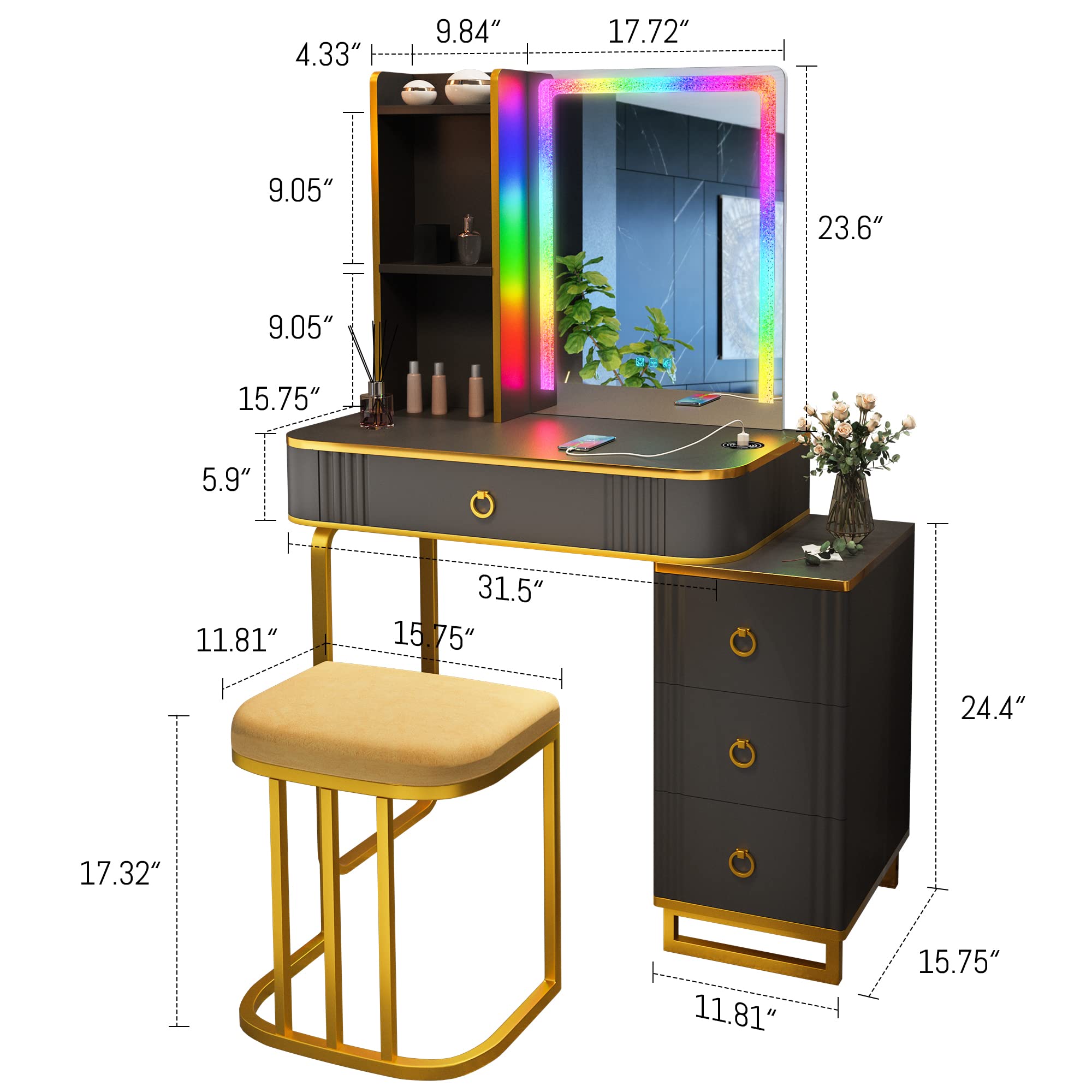 LVSOMT Vanity Desk with Mirror and Lights, Vanity Table with Drawers, Makeup Vanity Desk with Stool, Makeup Table with 3 Lighting Modes, Dressing Table for Bedroom, White