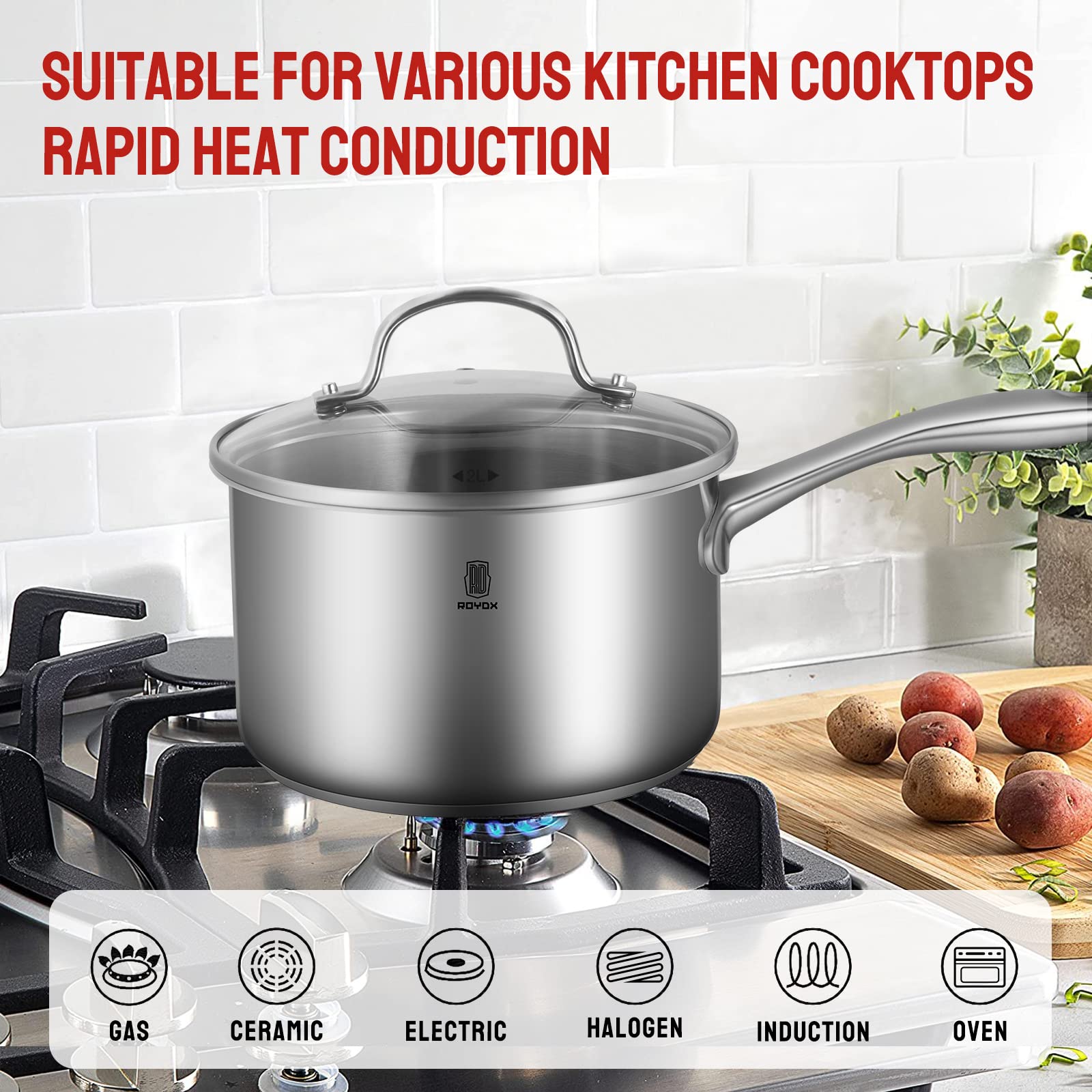 ROYDX Stainless Steel Sauce Pan with Lid, 3QT Saucepan with Stay-cool Handle, Induction Compatible Cooking Pot Multipurpose Use for Home Kitchen or Restaurant, Dishwasher Safe, Oven Safe