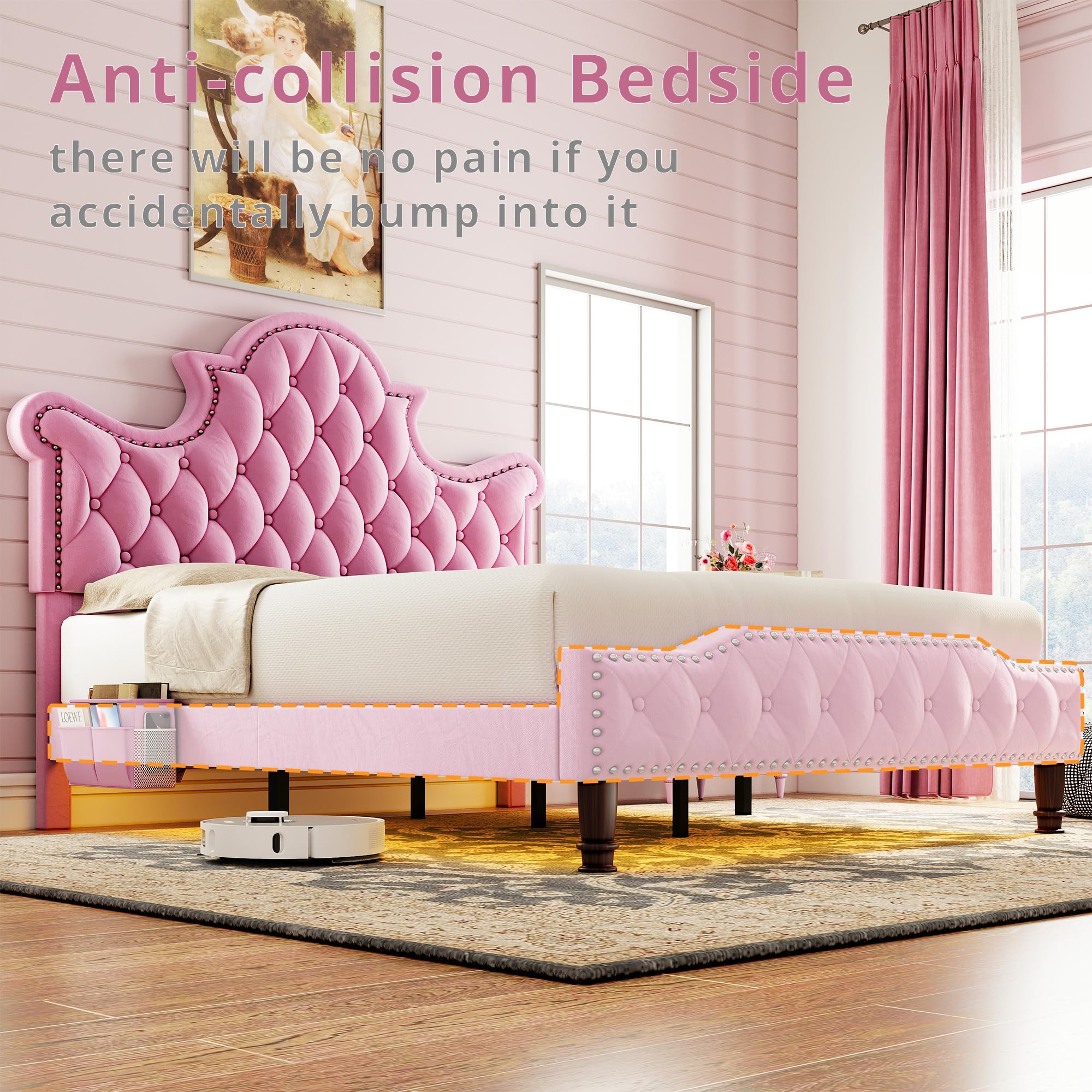 LIKIMIO Queen Size LED Bed Frame, Camas Queen with 58" Tall Tufted Headboard, Sturdy and Noiseless, No Box Spring Required, Pink