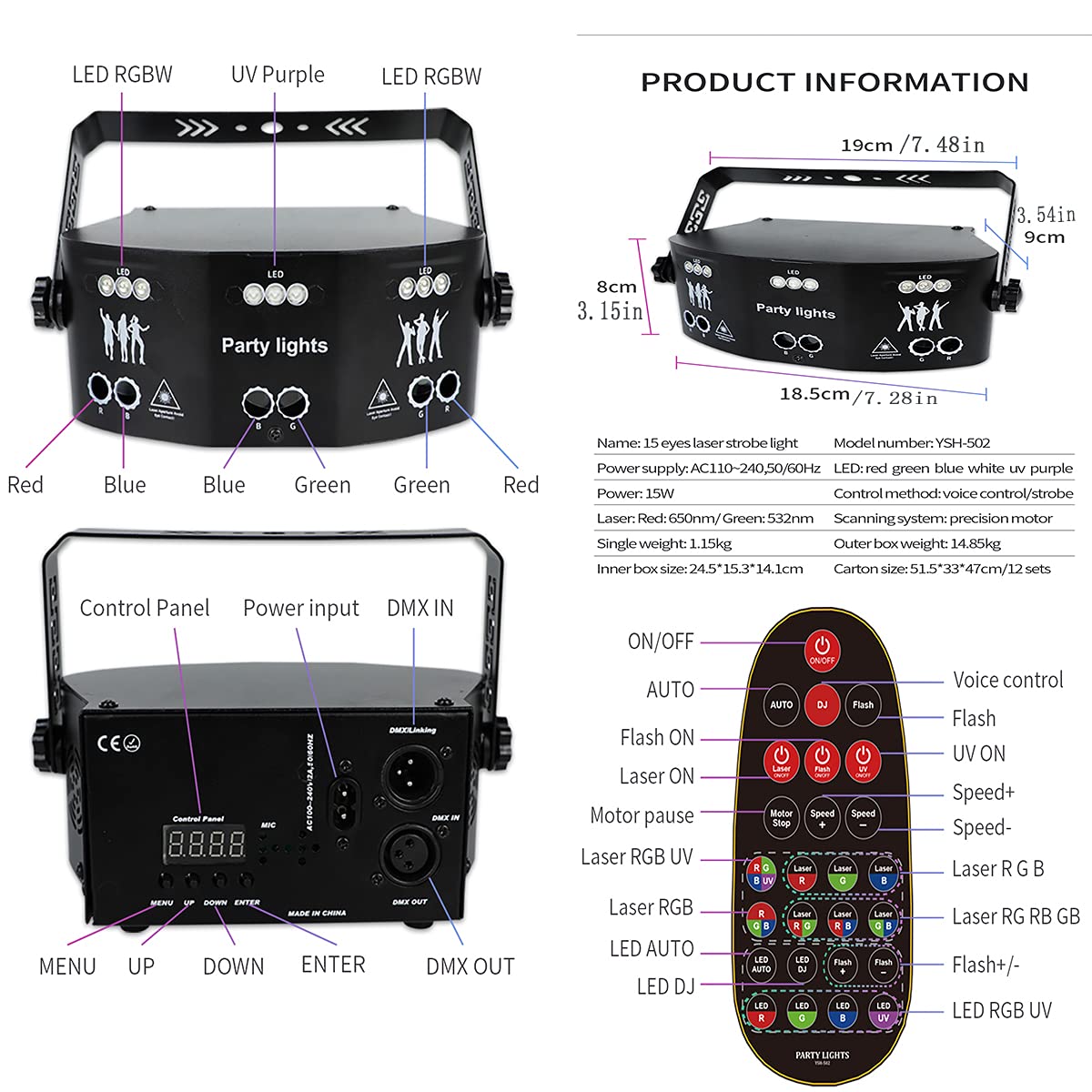 Party Lights YLS DMX512 Control Voice Control RGB 15 Eyes For Home Decor Club Bar Live Performance DJ Lights