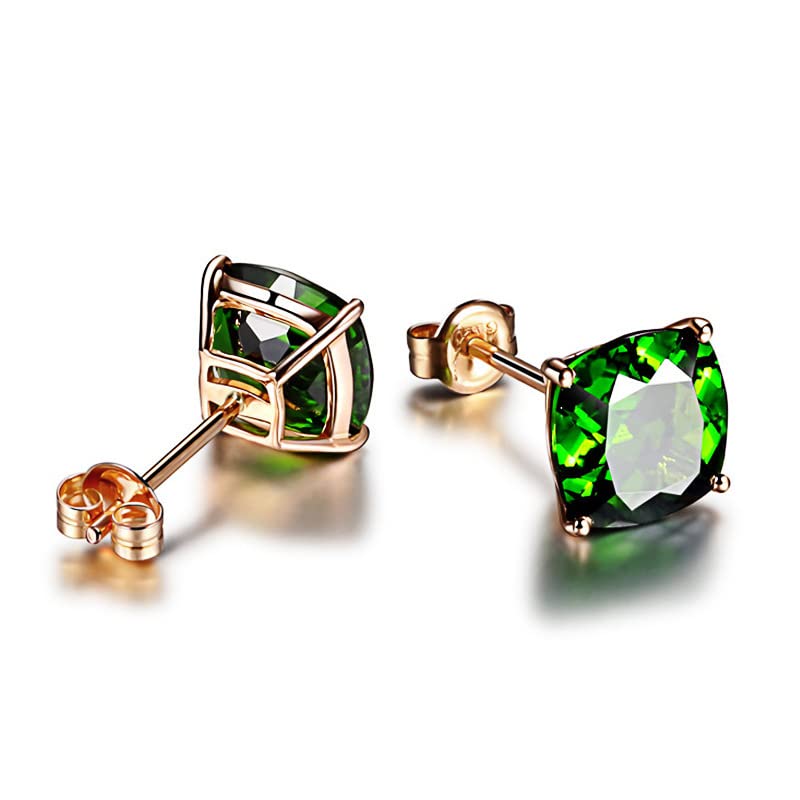 Square Tourmaline Gemstone Gold Stud Earrings, Gold Stud Earrings With Natural Tourmaline Gemstone Luxury Style Design Four Claw Fine Pin Gold Earrings
