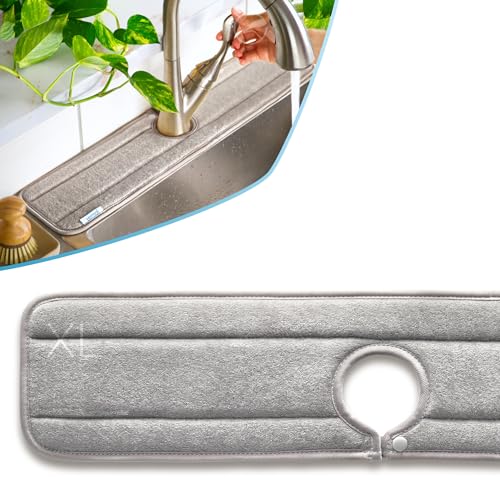 Ternal Sinkmat for Kitchen Faucet, Original Design, Absorbent Microfiber Fabric, Machine Washable Splash Guard & Drip Catcher For Around Faucet Handle [Grey, XL, 1 Pack]