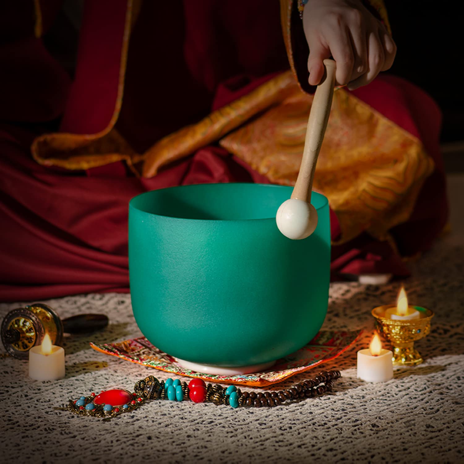 SITSANG Green F Note Crystal Singing Bowl Heart Chakra 7 inch with Sponge Padded Singing Bowl Tank and Singing Bowl Rubber Mallet and Suede Striker