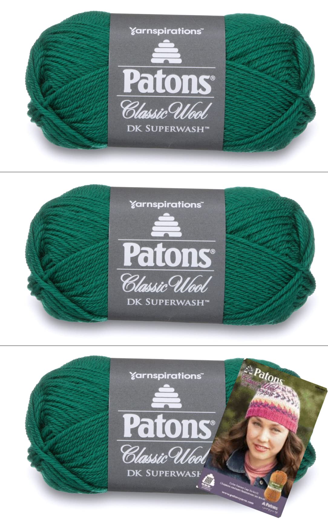 Patons Yarn Patons Classic Wool DK Superwash Yarn - Gauge 3 Light - 100 Wool - (3-Pack) - Emerald - for Crochet, Knitting, and Crafting - Plus Pattern