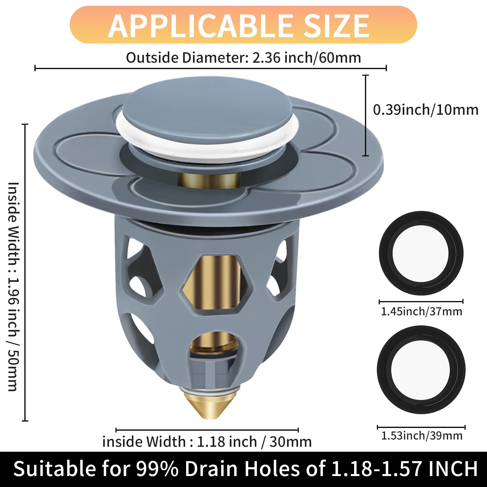 Universal Bathroom Sink Stoppers Fits 1.1"-1.5" Drain Holes, Stainless Steel Bounce Core Anti-Clogging Basin Pop Up Drain Stopper, Bathtub Converter Sink Strainer with Hair Catcher(2-Pack Grey)