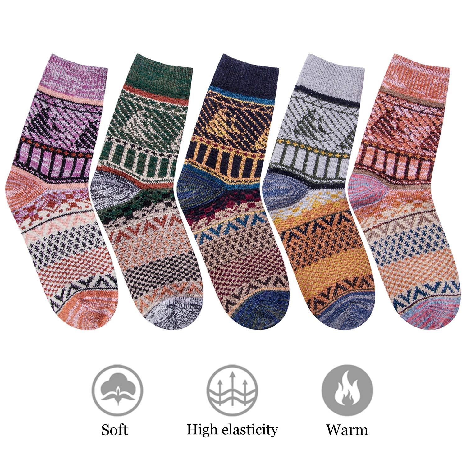 Loritta 5 Pairs Womens Wool Socks Thick Warm Soft Winter Knit Cozy Crew Socks Christmas Gifts,E-Stripe