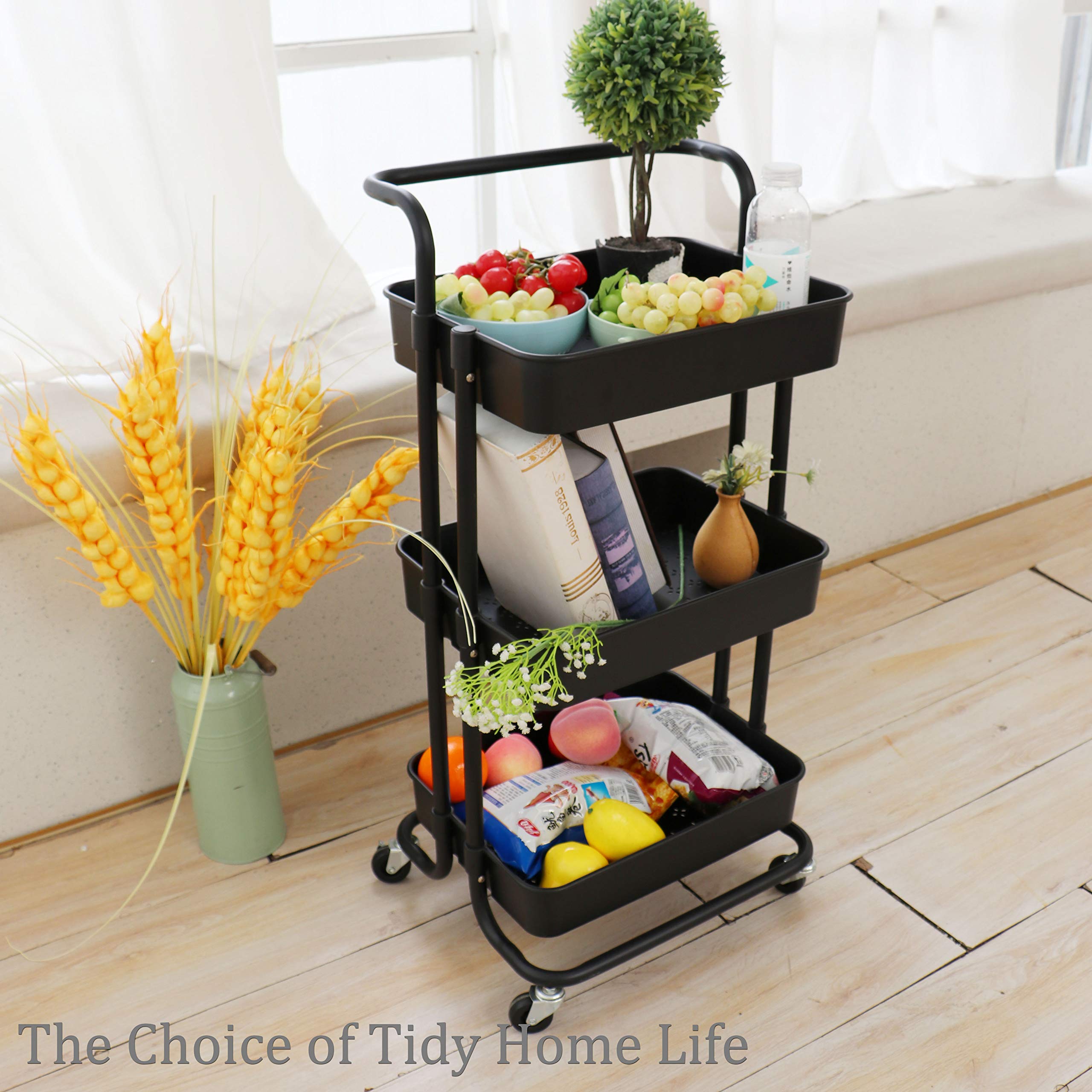 Piowio 3 Tier Utility Rolling Cart Multifunction Organizer Shelf Storage Cart with Handle and Lockable Wheels for Home Kitchen Bathroom Laundry Room Office Store etc. (Black)