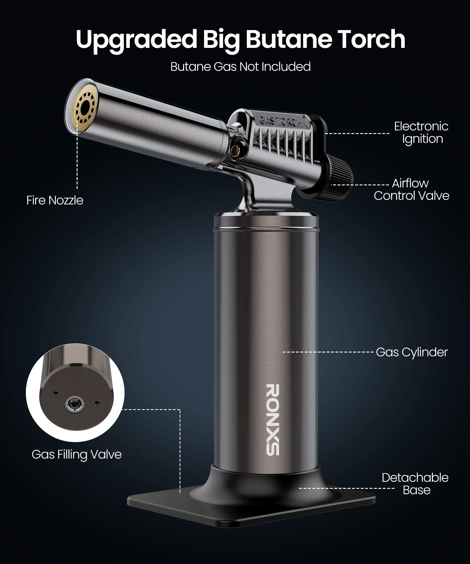 RONXS Butane Torch, Torch Lighter with 25g Large Gas Capacity, Refillable Blow Torch with Max 6'' Big Continuous Adjustable Flame, Industrial Soldering Torch for Cooking DIY Crafts (Gas Not Included)