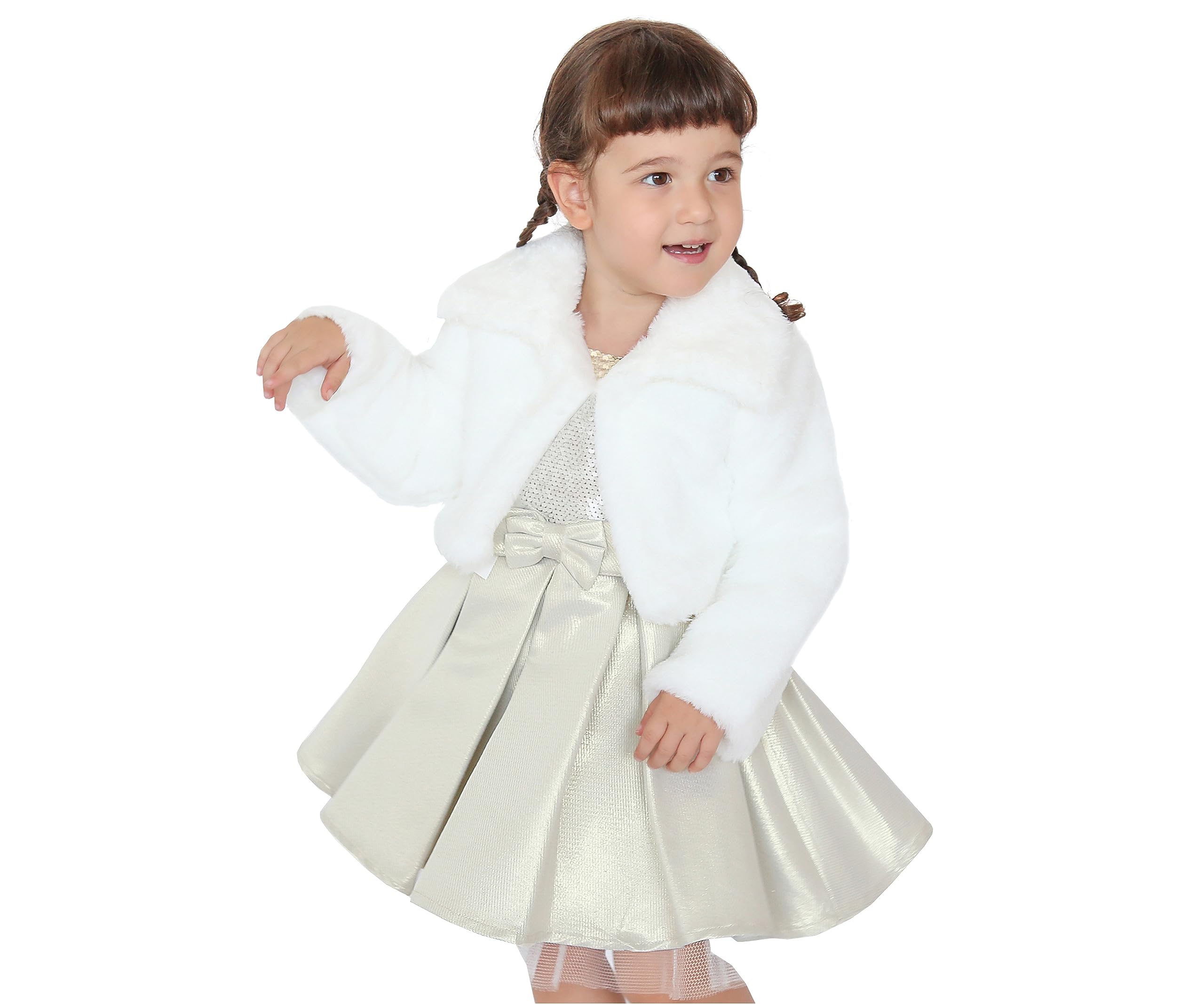 Lilax Girls Faux Fur Bolero Shrug Button Closure Cozy Dress Coat (8 Years, White)