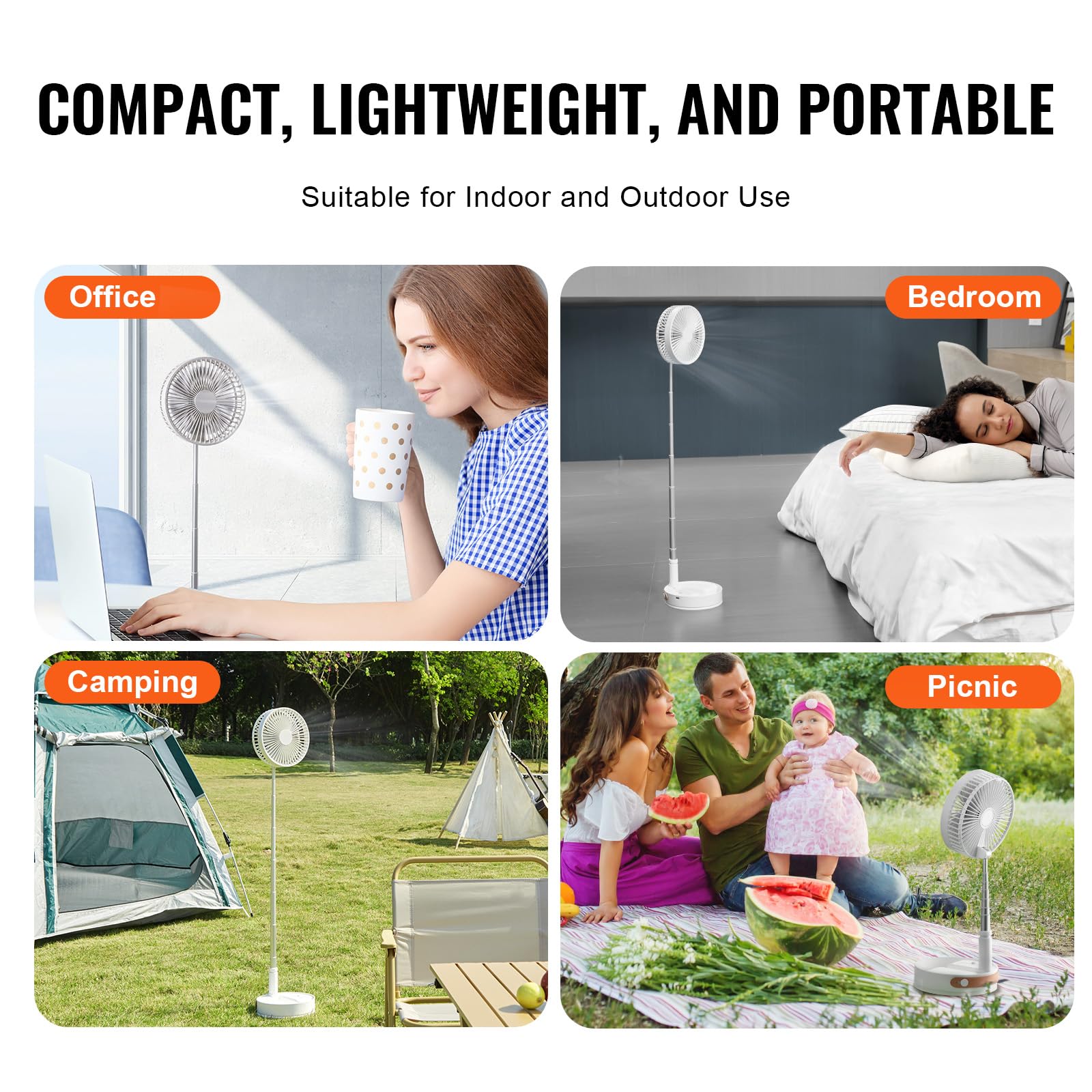 VEVOR 12 Inch Foldable Oscillating Standing Fan with Remote Control, 8 Speed Adjustable Portable Desk Quiet Fan, 10800mah Rechargeable USB Fan, Folded Rotating Floor Fan for Bedroom Office Travel