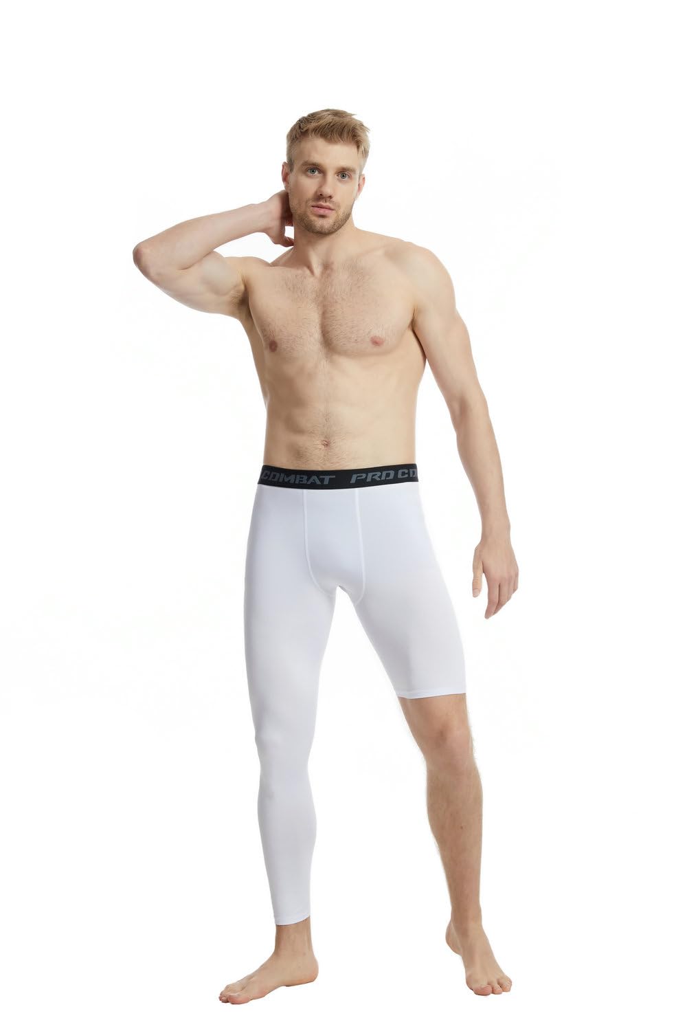 Men's Basketball Single Leg Tight Sports Pants 1/2 One Leg Compression Pants Athletic Base Layer Underwear (Small,White-1)