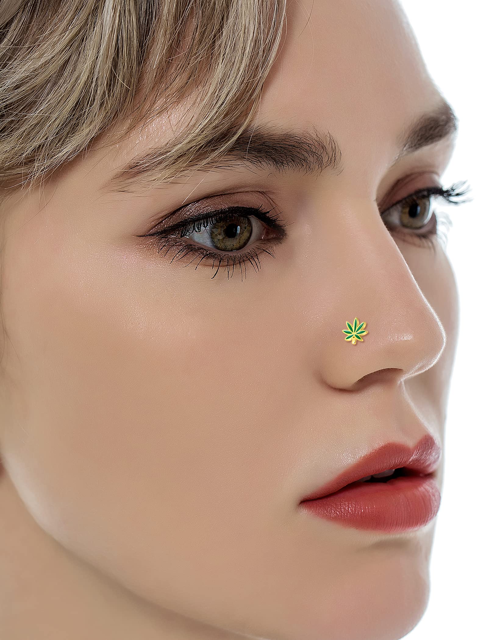 Tornito 16Pcs Nose Stud Ring L Shaped Nose Ring Heart Moon Bee Snake Leaf CZ Nose Studs Body Piercing Jewelry for Women Men 20G Gold Tone