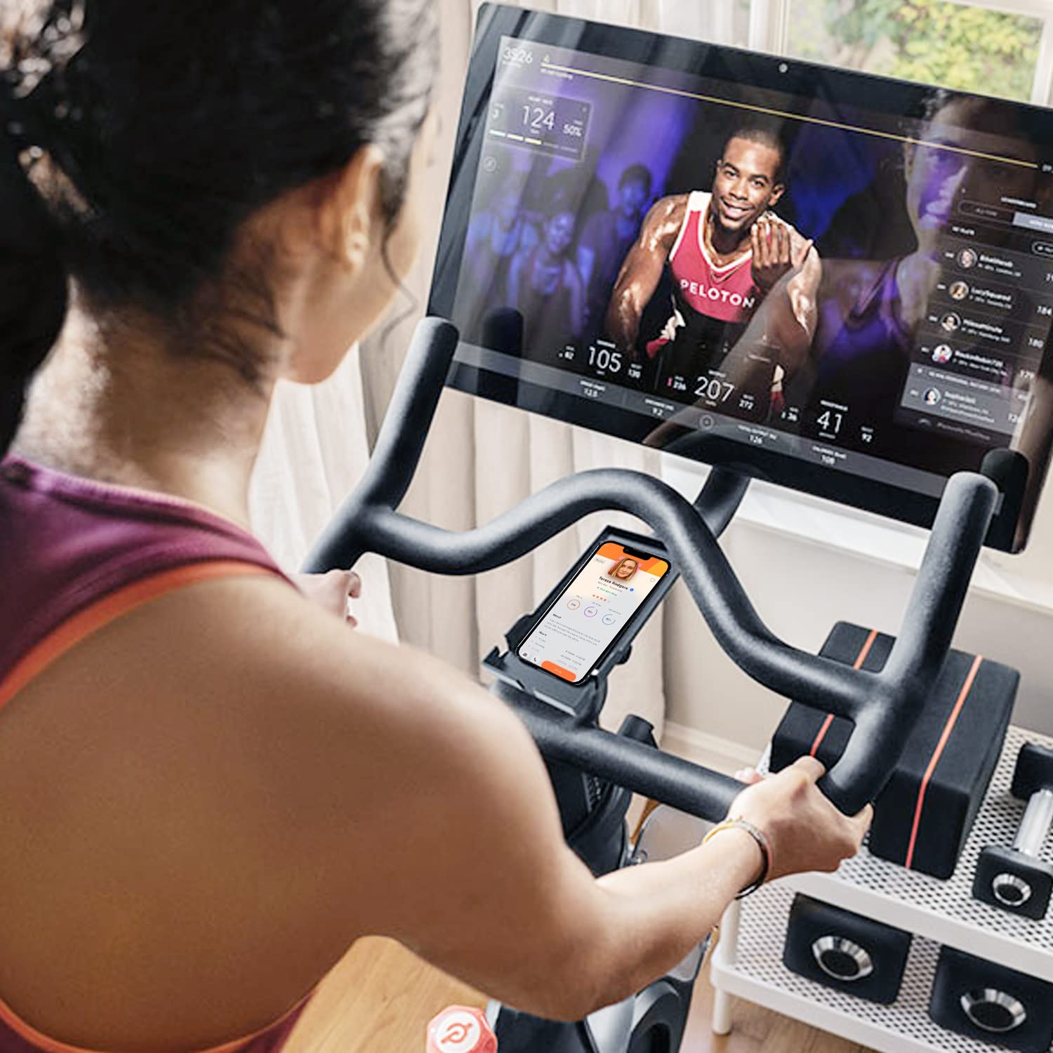 PunNeya Black Bar Mount Phone Holder for Exercise Bike, Charging Slot for iPhone iPad Phone Tablet Headphones Remotes Watch