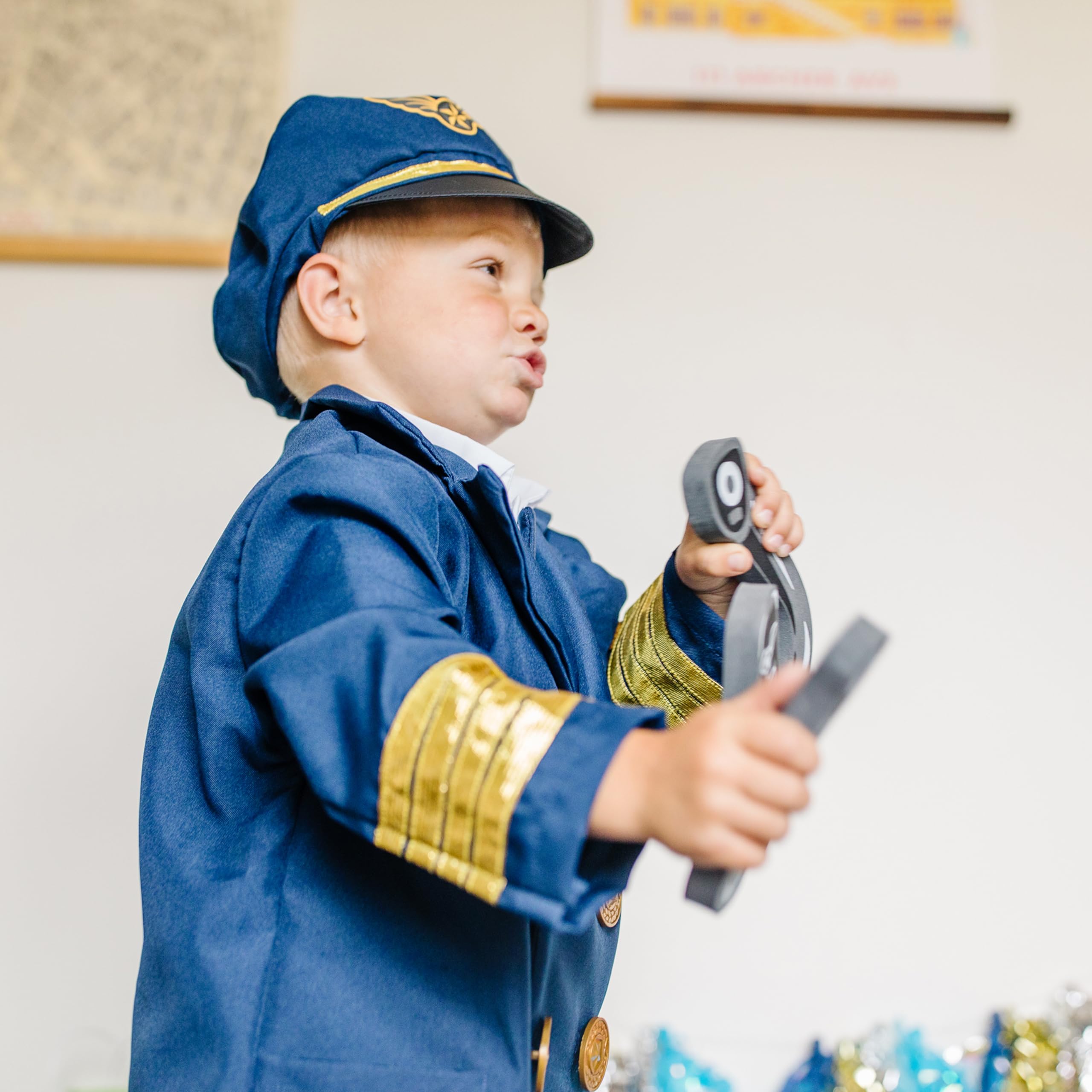 Melissa & Doug Pilot Role Play Costume Set (6 pcs) - Jacket, Tie, Hat, Wings, Steering Yoke, Checklist