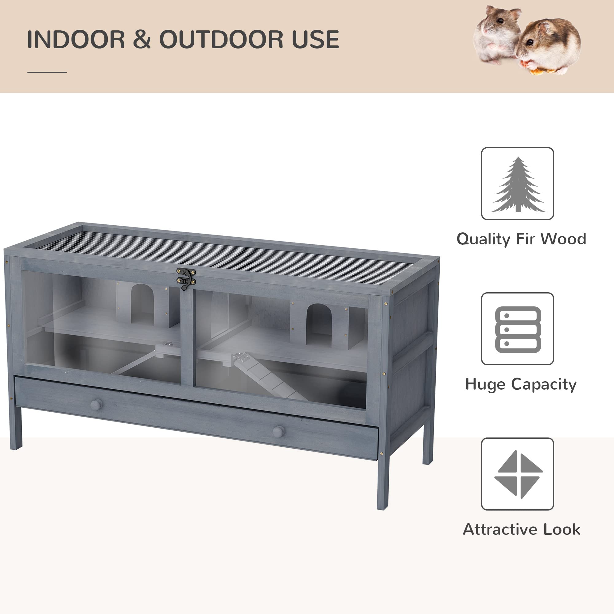 PawHut 2 Tiers Wooden Hamster Cage Mice and Rat House Small Animal Habitat with Double Room and Pull-Out Tray