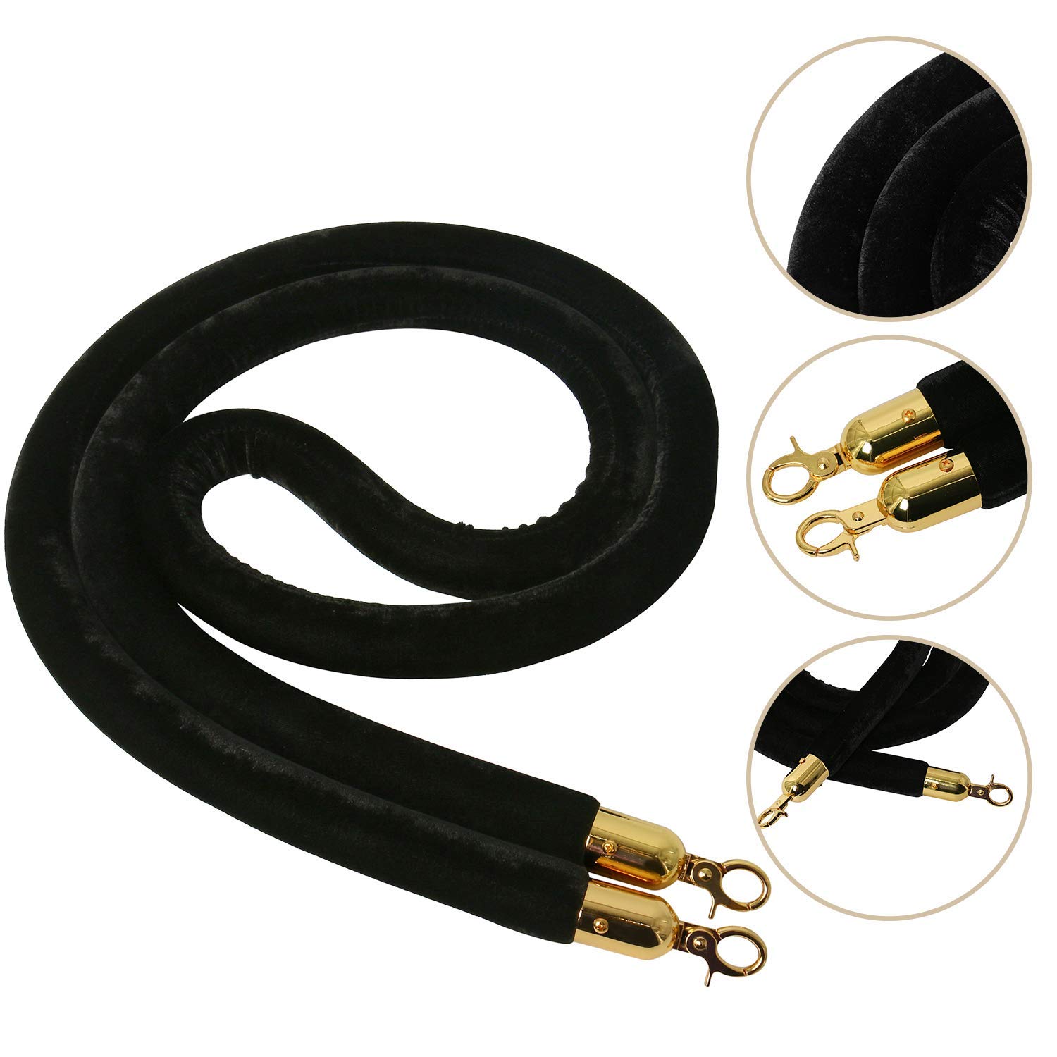 YaeGarden 2-Pack Velvet Stanchion Rope 5Ft Stanchion Queue Barrier Rope Velvet Rope Crowd Control Rope Barrier (Black)