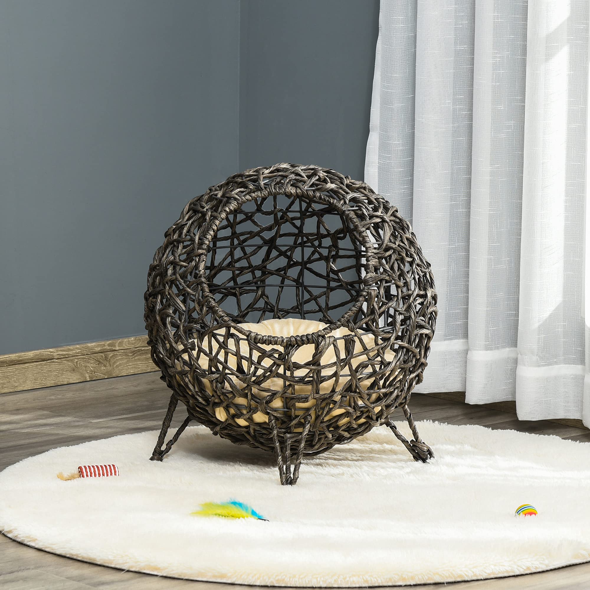 PawHut 20.5" Rattan Cat Bed, Kitten House, Elevated Round Condo for Comfort and Circulation with Cushion, Round Design