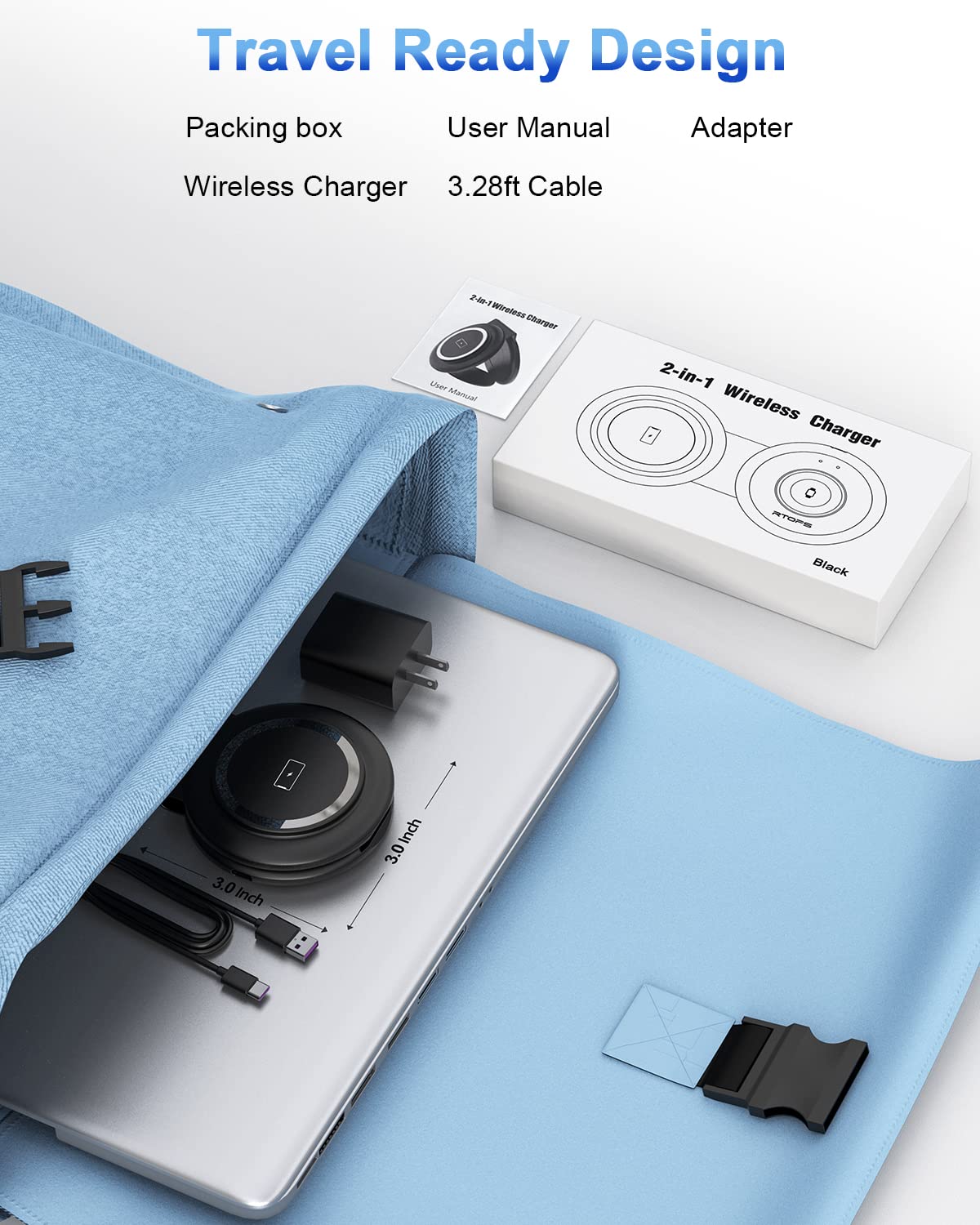 Wireless Charger,RTOPS Magnetic Travel Wireless Charging Station Multiple Devices,GaN 3 in 1 Charging Station,Compatible with iPhone 14/13/12/Pro/Max,iWatch,AirPods 3/2/Pro(Adapter Includes)