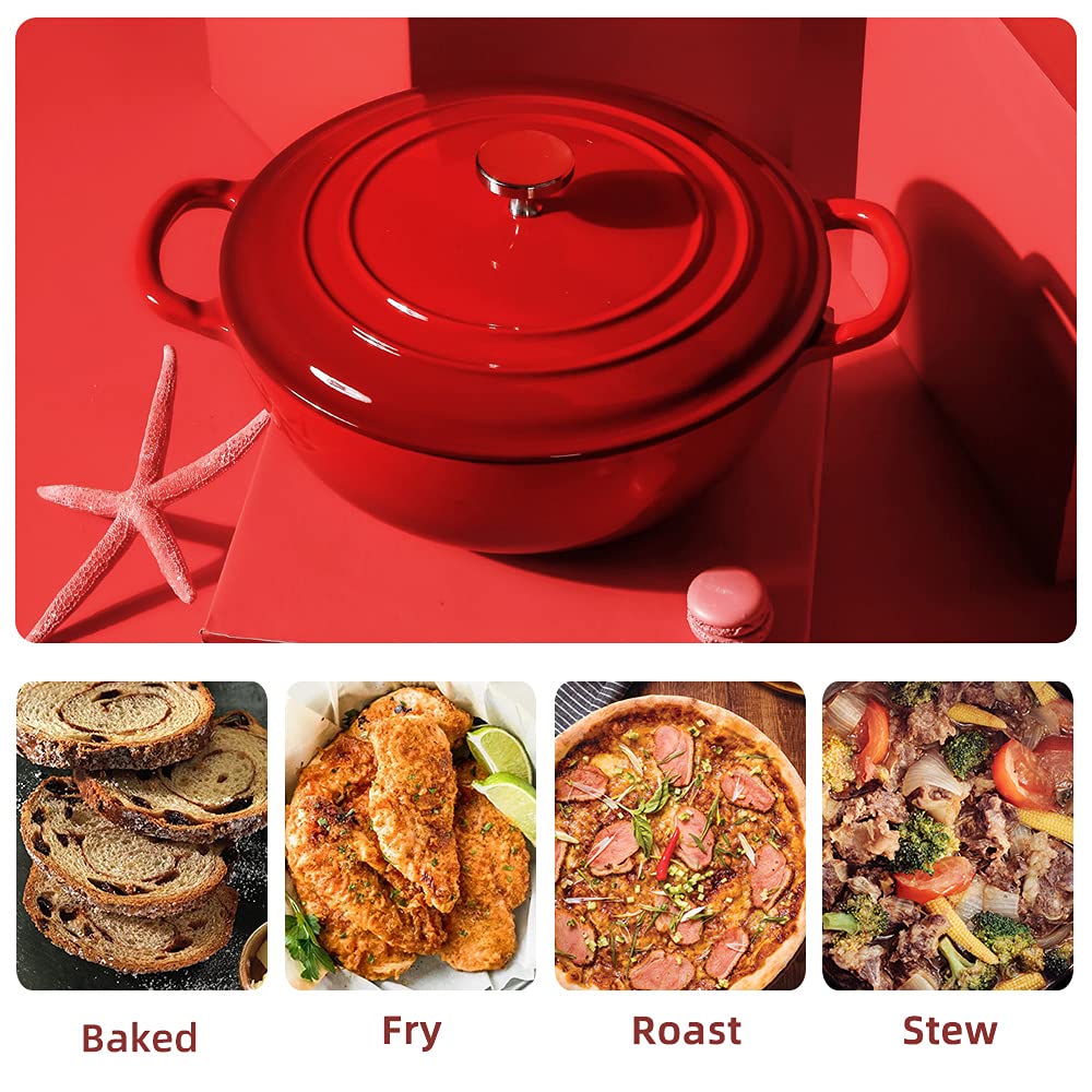 M-COOKER 4.5 Quart Enameled Dutch Oven Pot with Lid, Covered Dutch Oven with Creamy Porcelain Coating for Baking, Frying,Stewing, Roasting, Oven Safe up to 500℉ (Cherry)