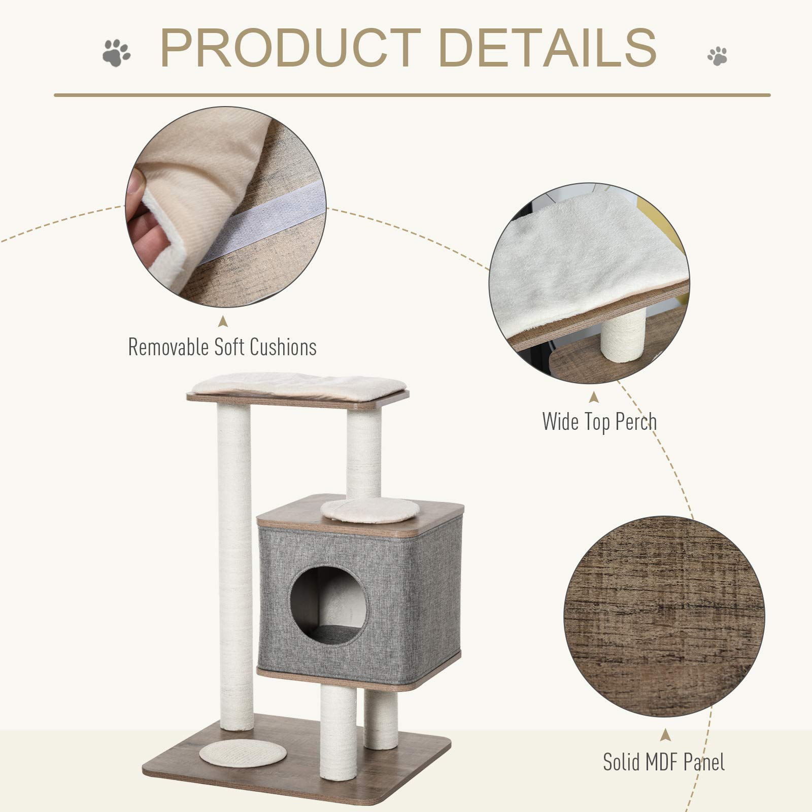 PawHut 34" Cat Tree Tower Activity Center with Natural Jute Scratch Material, Cushions on Each Platform, & Condo Area