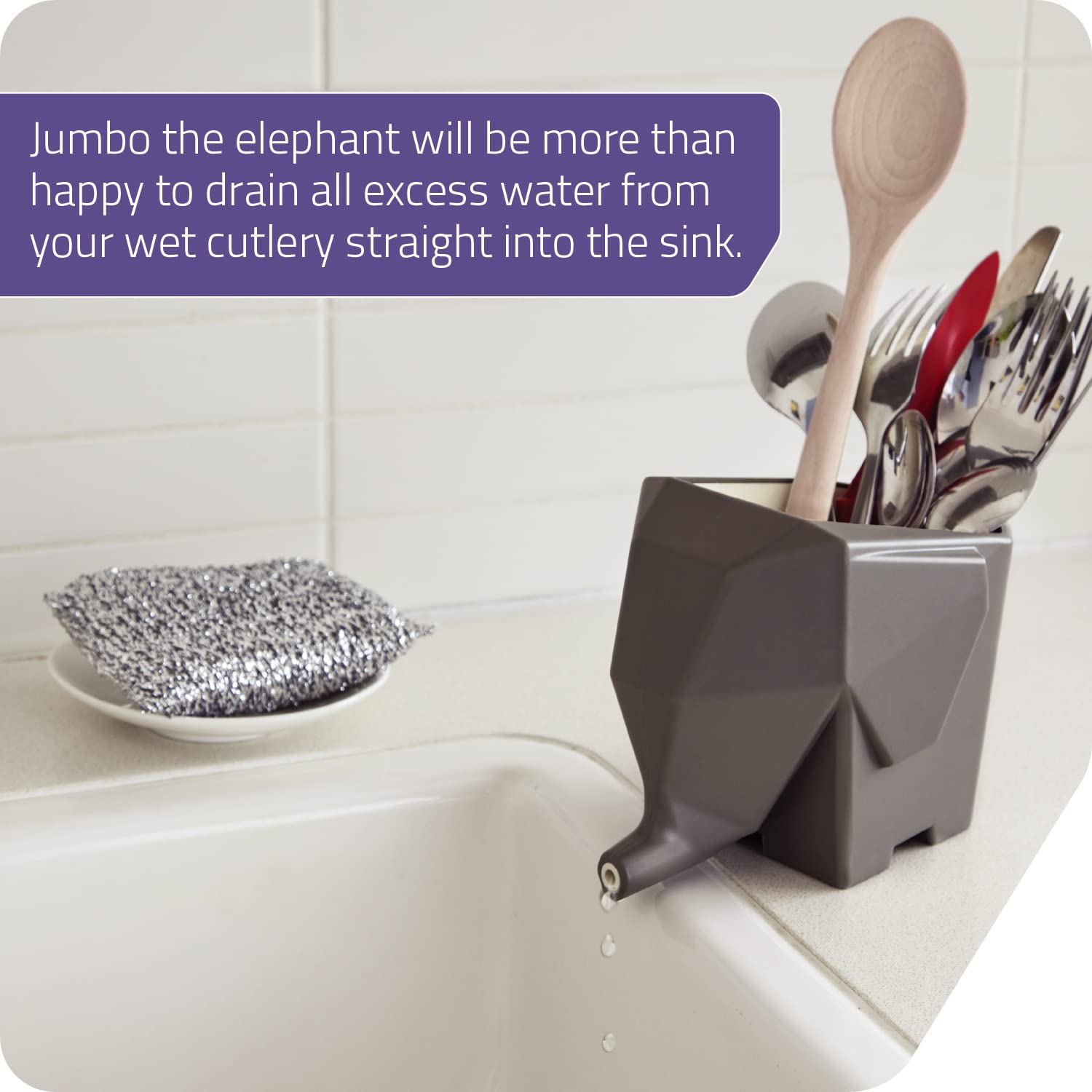PELEG DESIGN Cutlery Holder Jumbo Cute Drainer and Funny Plastic Elephant Sink Cutlery Organizer Drainer Storage Box and Toothbrush Holder (Grey)