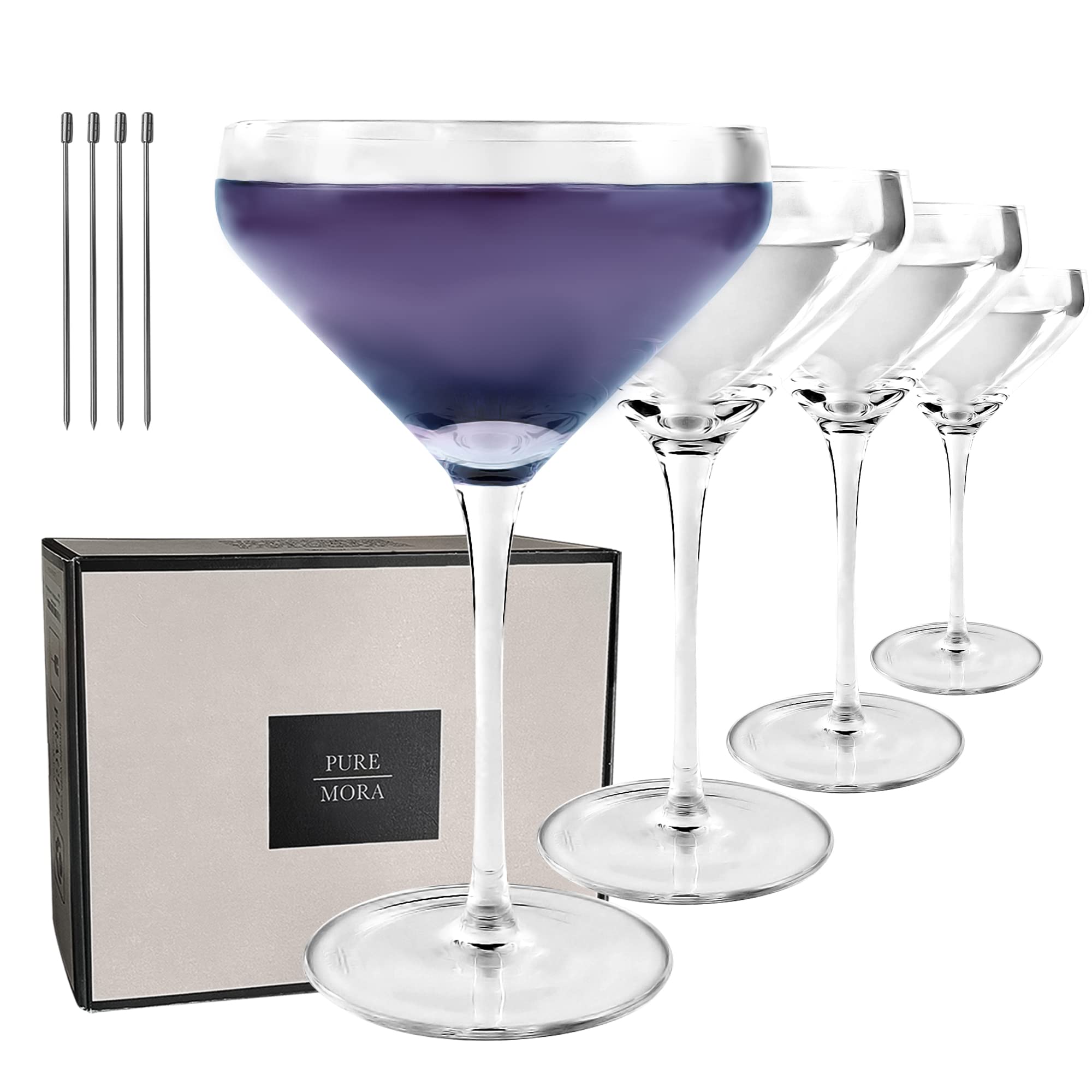 PURE MORA The Remy Coupe - Set of 4, 8oz Handblown Premium Crystal Martini Glasses for Cocktail, Gin & Tonic, Cosmopolitan, Manhattan, Bar, Fancy Mixology, etc. Modern Angle Drinking Glassware