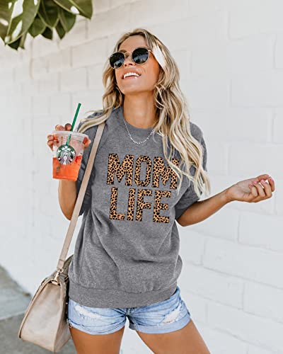 MOUSYA Mom Life Tops Women Mom Letter Printed Sweatshirt Leopard Graphic Casual Long Sleeve Crew Neck Pullover Tops (Medium, A_grey)