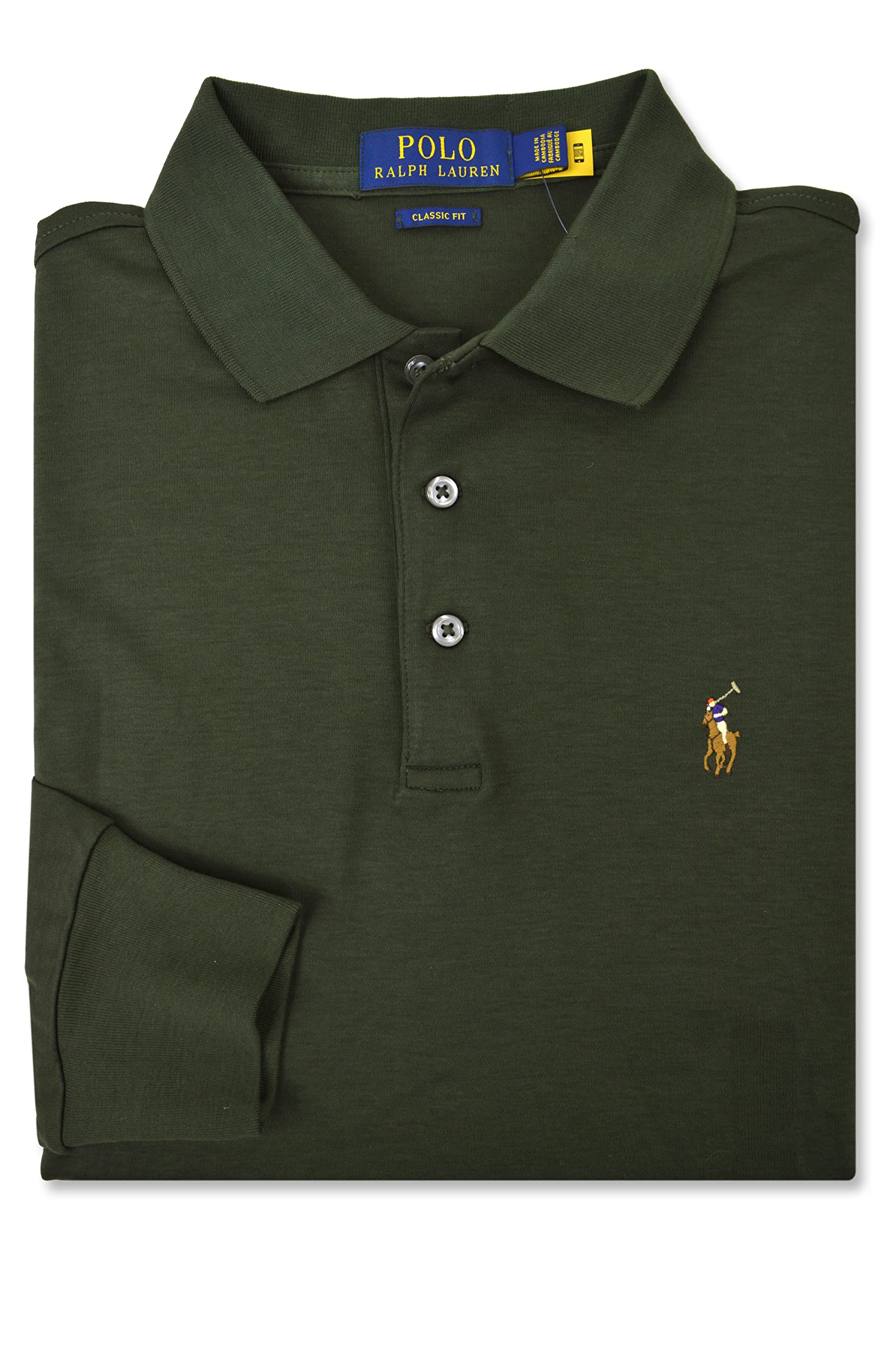 Polo Ralph Lauren Men's Classic Fit Interlock Cotton Three Button Long Sleeve Polo Shirt (Olive Green, Large)