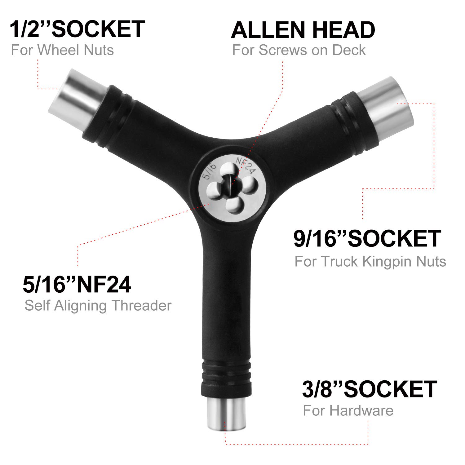 LOSENKA Skateboard Tool, T Y Skate Tool and Allen Key with Cross Screwdriver Head and Skateboard Hardware, Universal for Longboard Skateboard and More (Y Tool and Hardware Black)