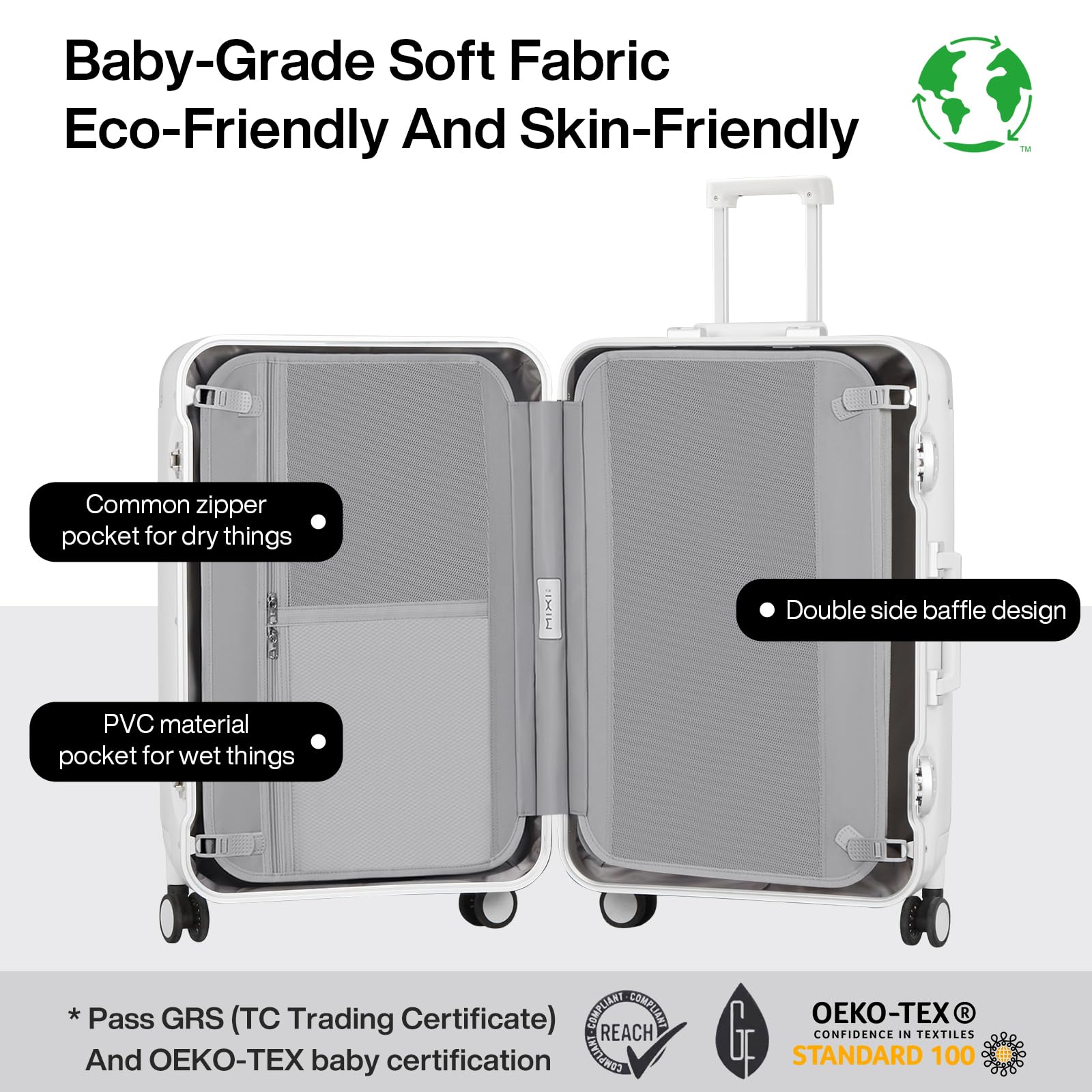 mixi Carry On Luggage 20'' Travel Suitcase Rolling Luggage Aluminum Frame PC Hardside with Spinner Wheels & TSA Lock - Smoke White