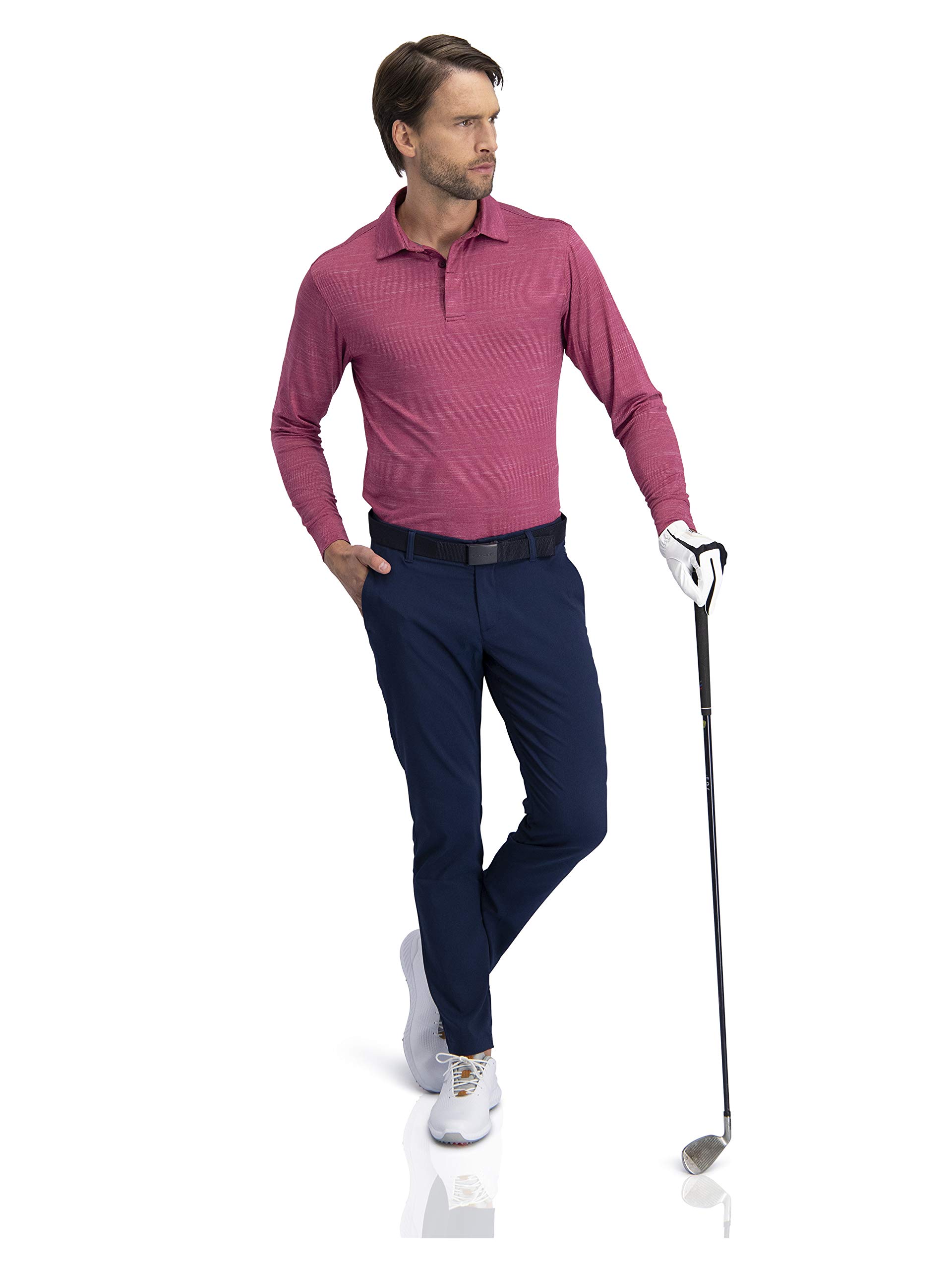 Men's Dry Fit Long Sleeve Golf Shirt - Quick Dry Polo Shirts - UPF 30, Stretch Fabric Magenta