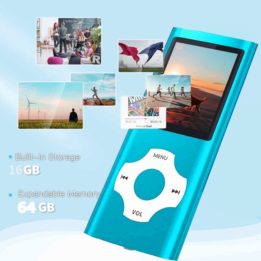 MP3 Player / MP4 Player, Hotechs MP3 Music Player with 32GB Memory SD Card Slim Classic Digital LCD 1.82'' Screen Mini USB Port with FM Radio, Voice Record (Blue)