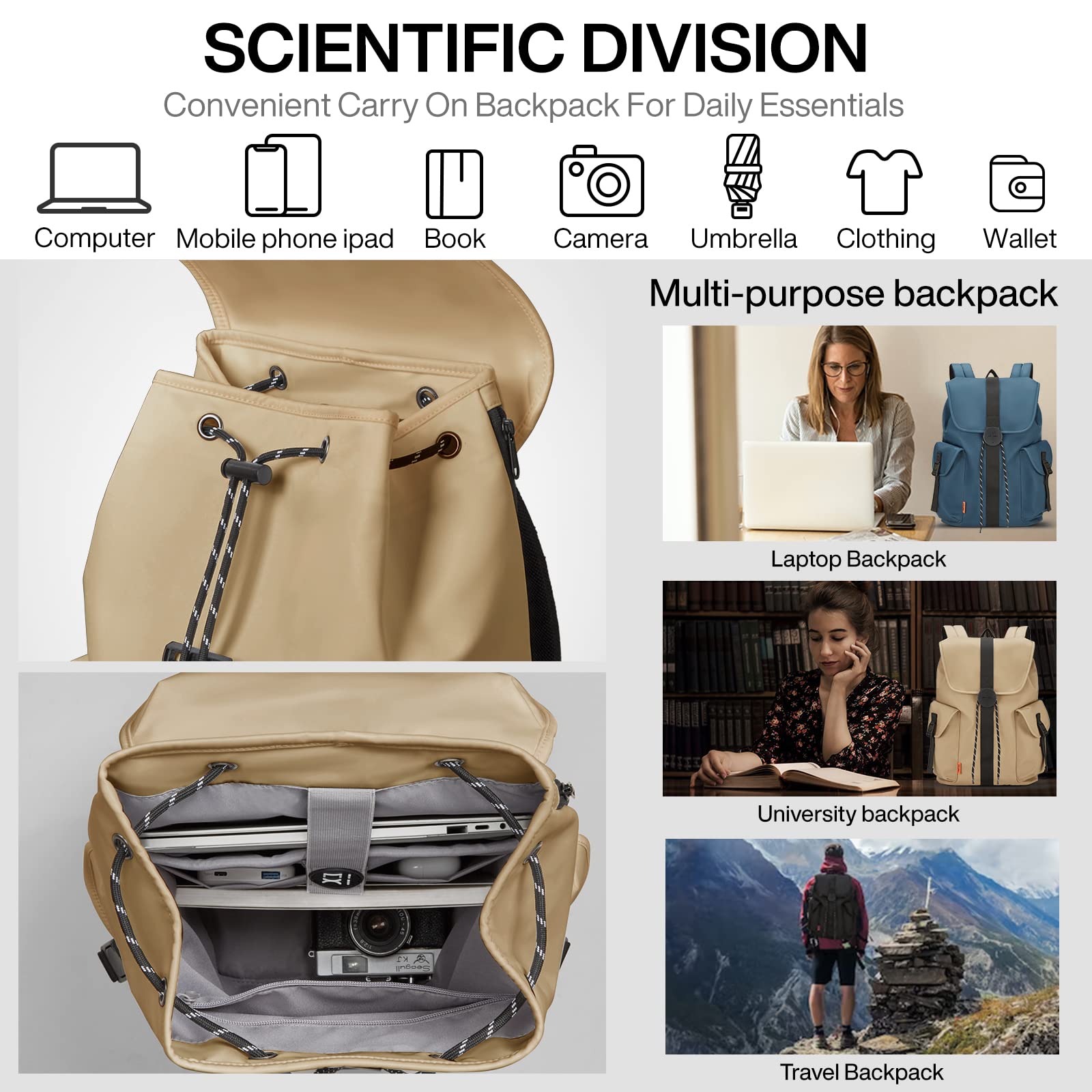 mixi Travel Laptop Backpack for Women & Men, Carry On Backpack fits 16'' Laptop Waterproof Rucksack,17 Inch, Mocha Brown