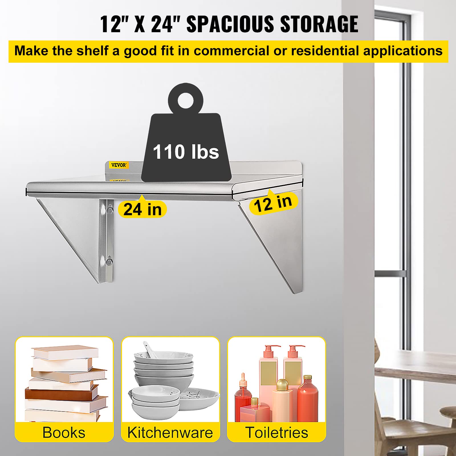 VEVOR Stainless Steel Wall Shelf, Commercial Wall Mount Shelving w/Backsplash and 2 Brackets for Restaurant, Home, Kitchen, Hotel, Laundry Room, Bar