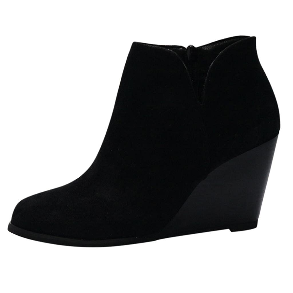 soyienma Boots for Women,Womens Retro Slip-On V-Cut Platform Boots Pointed Toe Ankle Booties Casual Block Heel Short Boots, Z15-black, 9.5-10