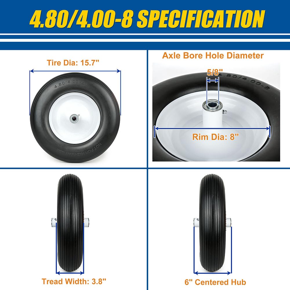 LotFancy 4.80/4.00-8” Flat Free Tire and Wheel, 16” Wheelbarrow Tire, 6” Centered Hub, 5/8” or 3/4” Bearings, Replacement for Wheelbarrows, Garden and Utility Carts, Trolleys, Wagon
